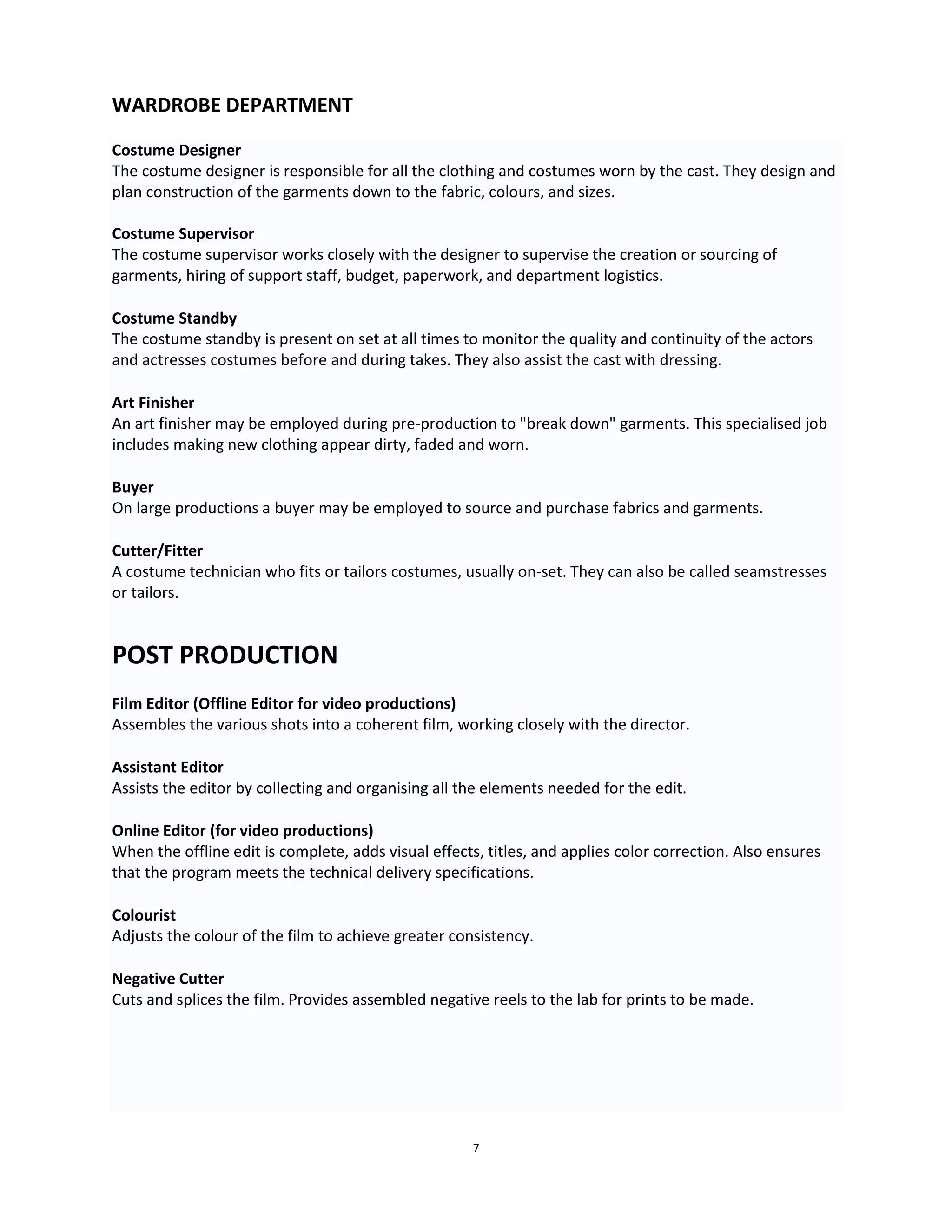 Film & TV Production Roles and Departments | PDF
