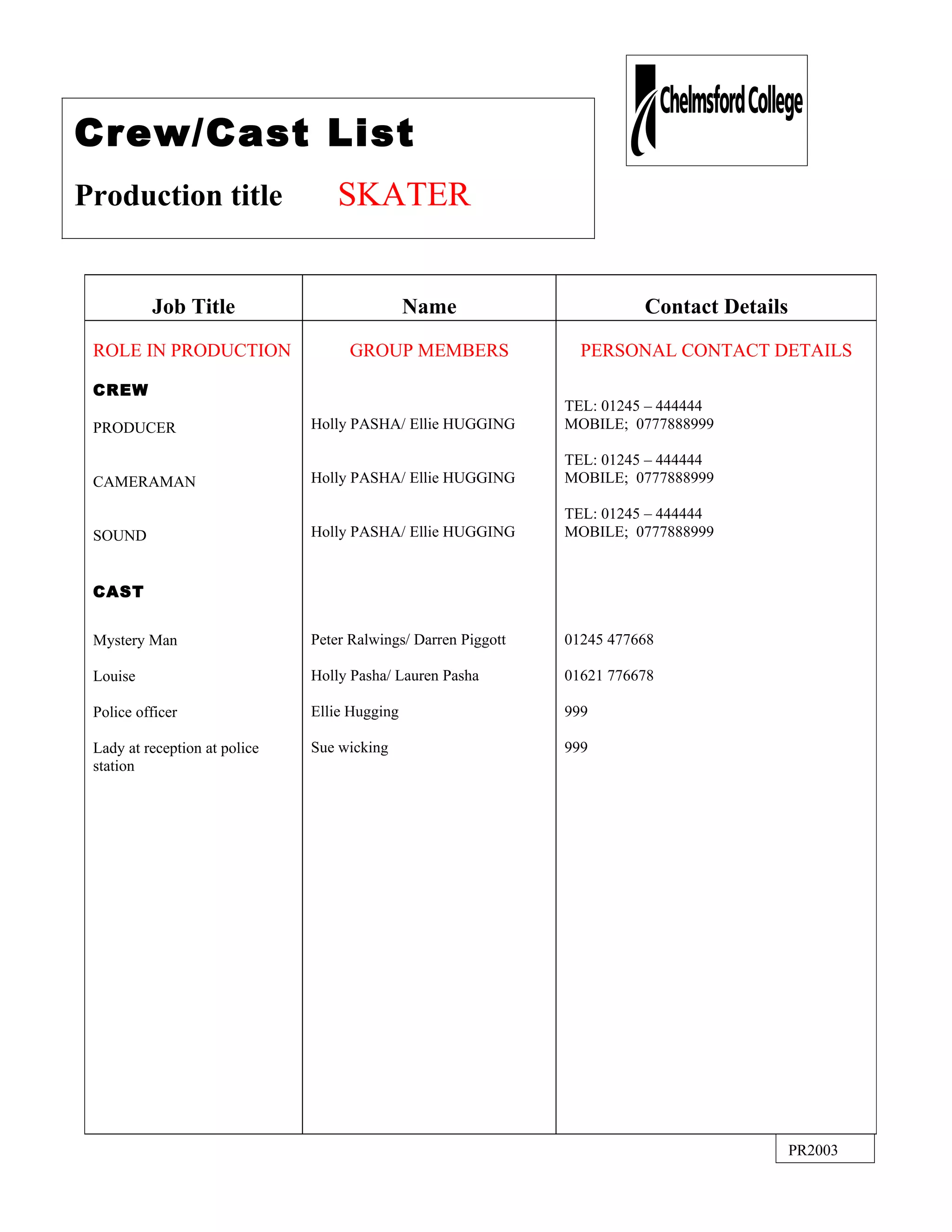 Crew cast list | PDF