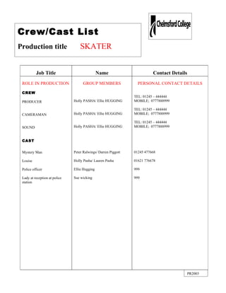 Crew cast list | DOC