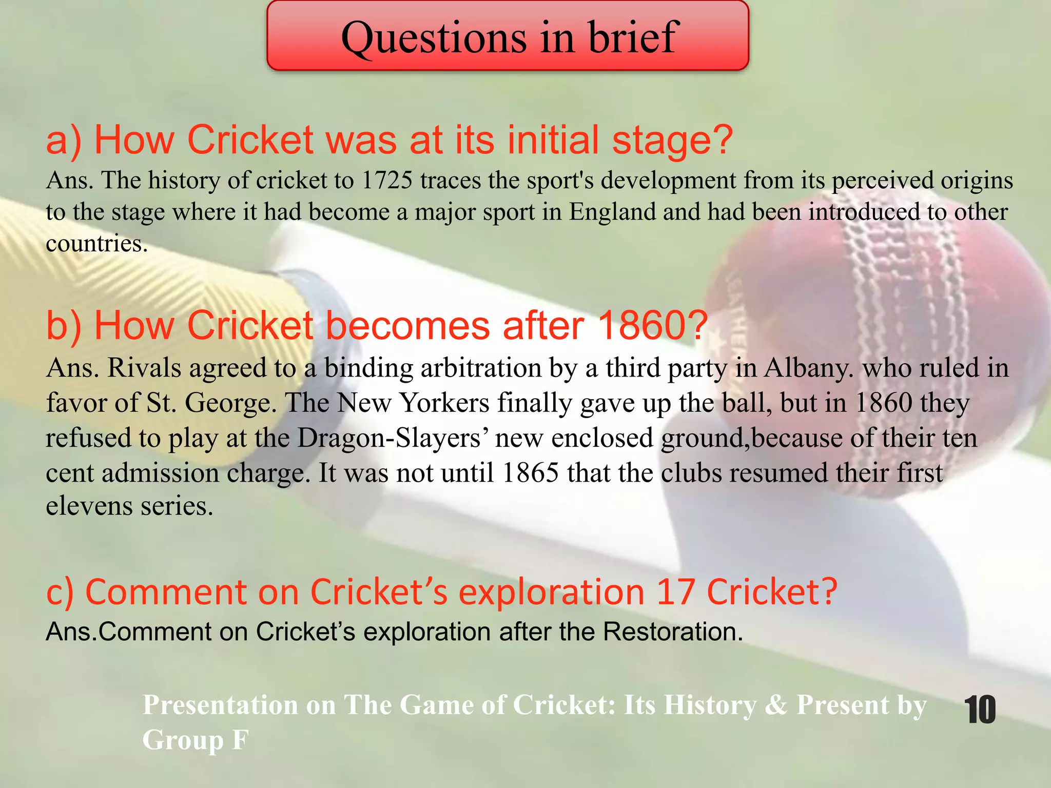 The Game of Cricket: Its History & Present | PPTX
