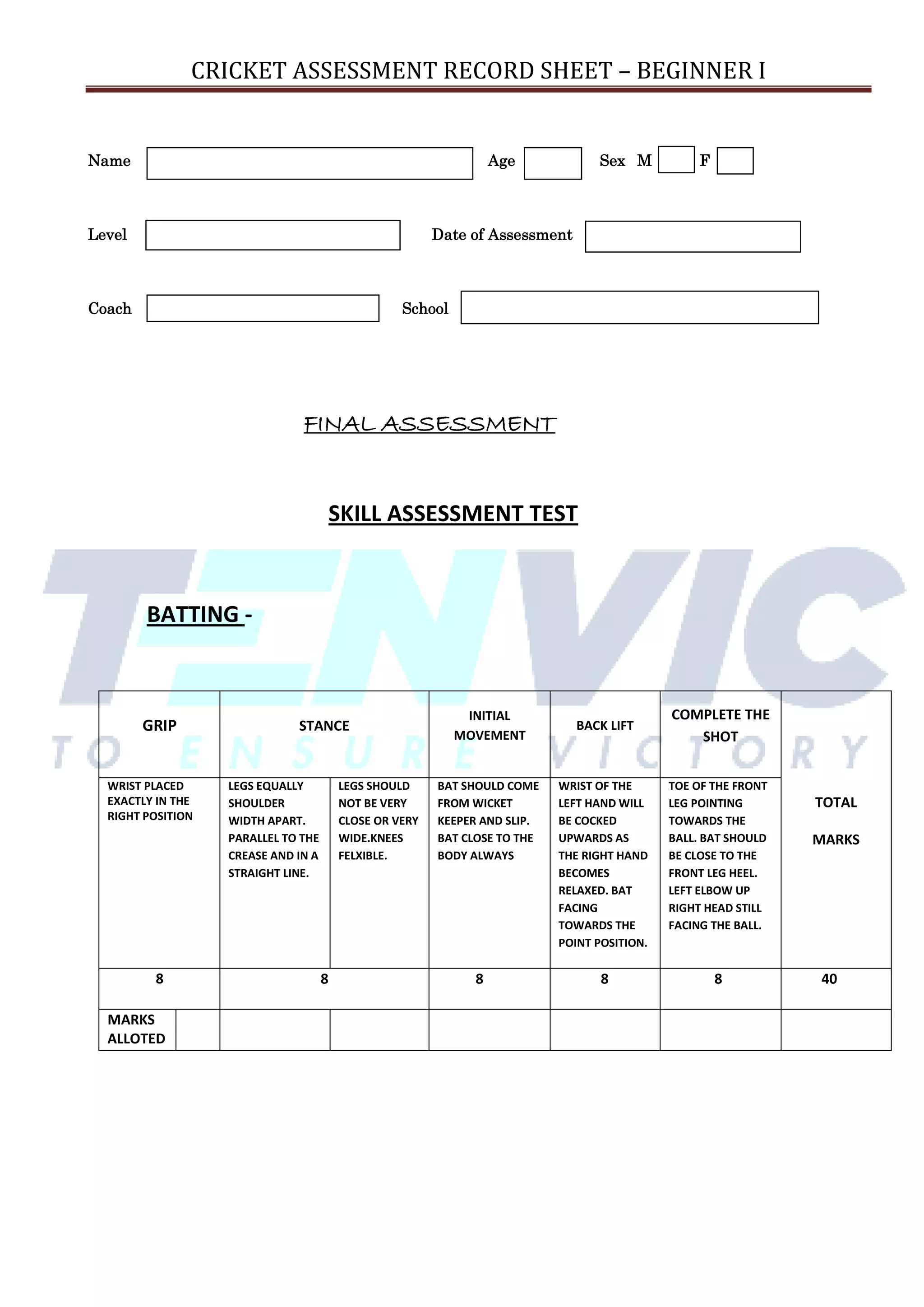 Cricket assessment-sheet batting, bowling & fielding | PDF