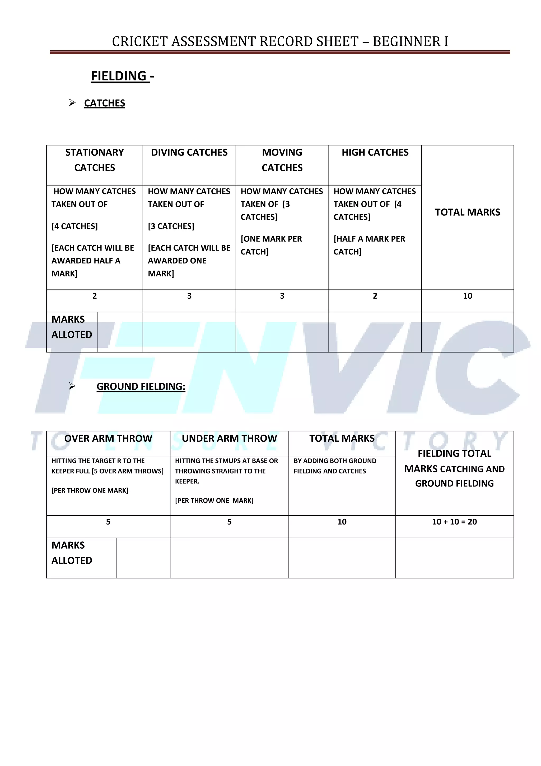 Cricket assessment-sheet batting, bowling & fielding | PDF