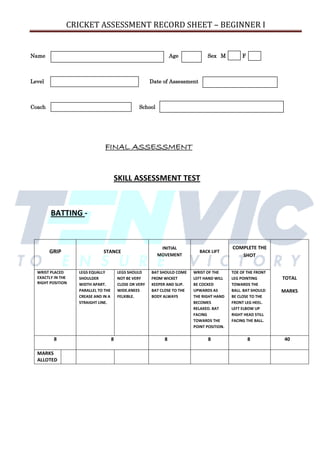 Cricket assessment-sheet batting, bowling & fielding | PDF