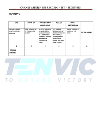 Cricket assessment-sheet batting, bowling & fielding | PDF