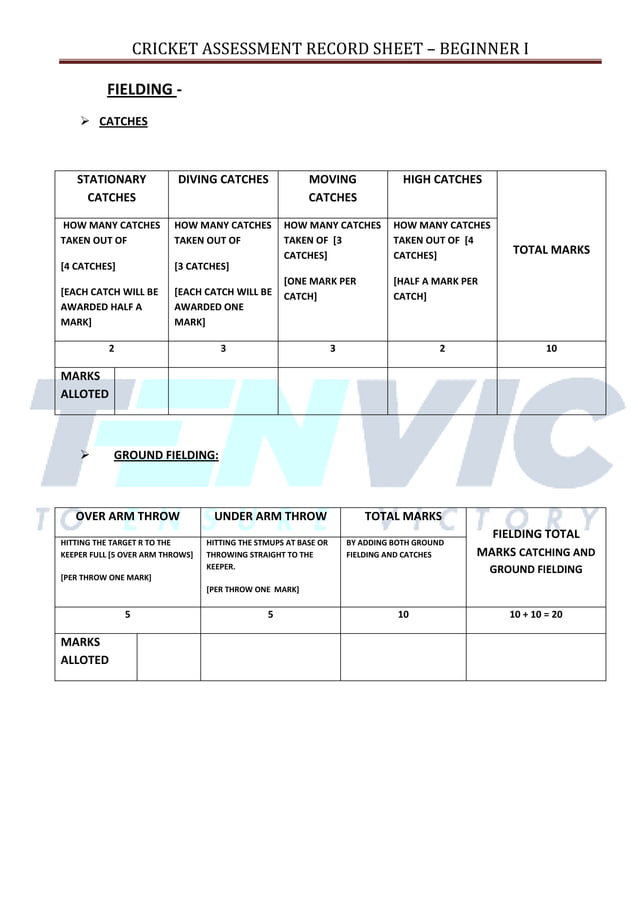 Cricket assessment-sheet batting, bowling & fielding | PDF | Cricket ...