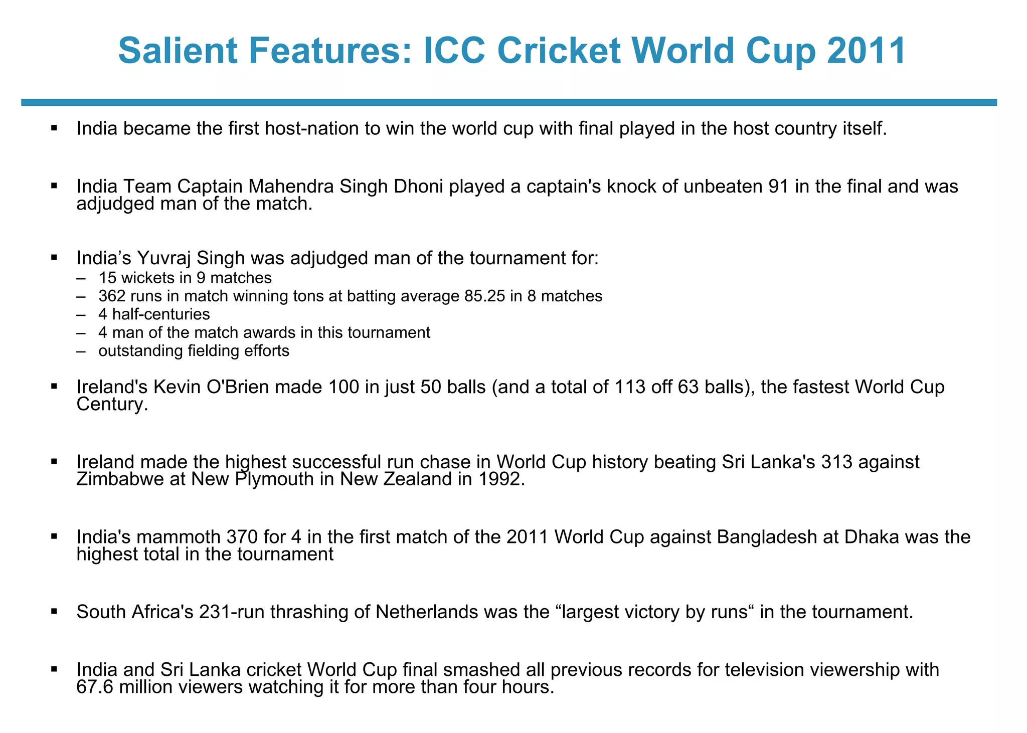 Cricket Basics, ICC World Cup History And India Champion 2011 | PPT
