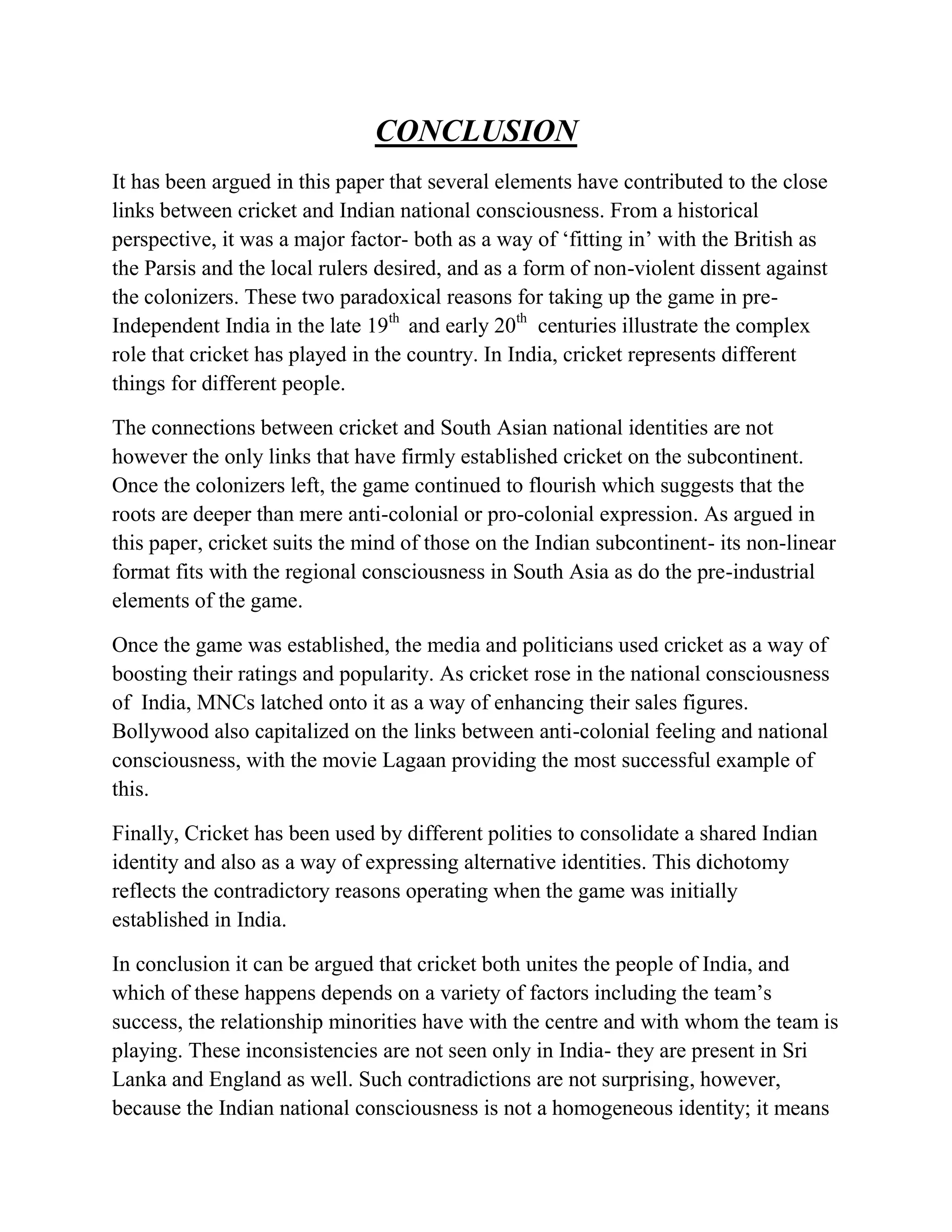 Research Paper: Cricket and Indian National Consciousness | DOCX