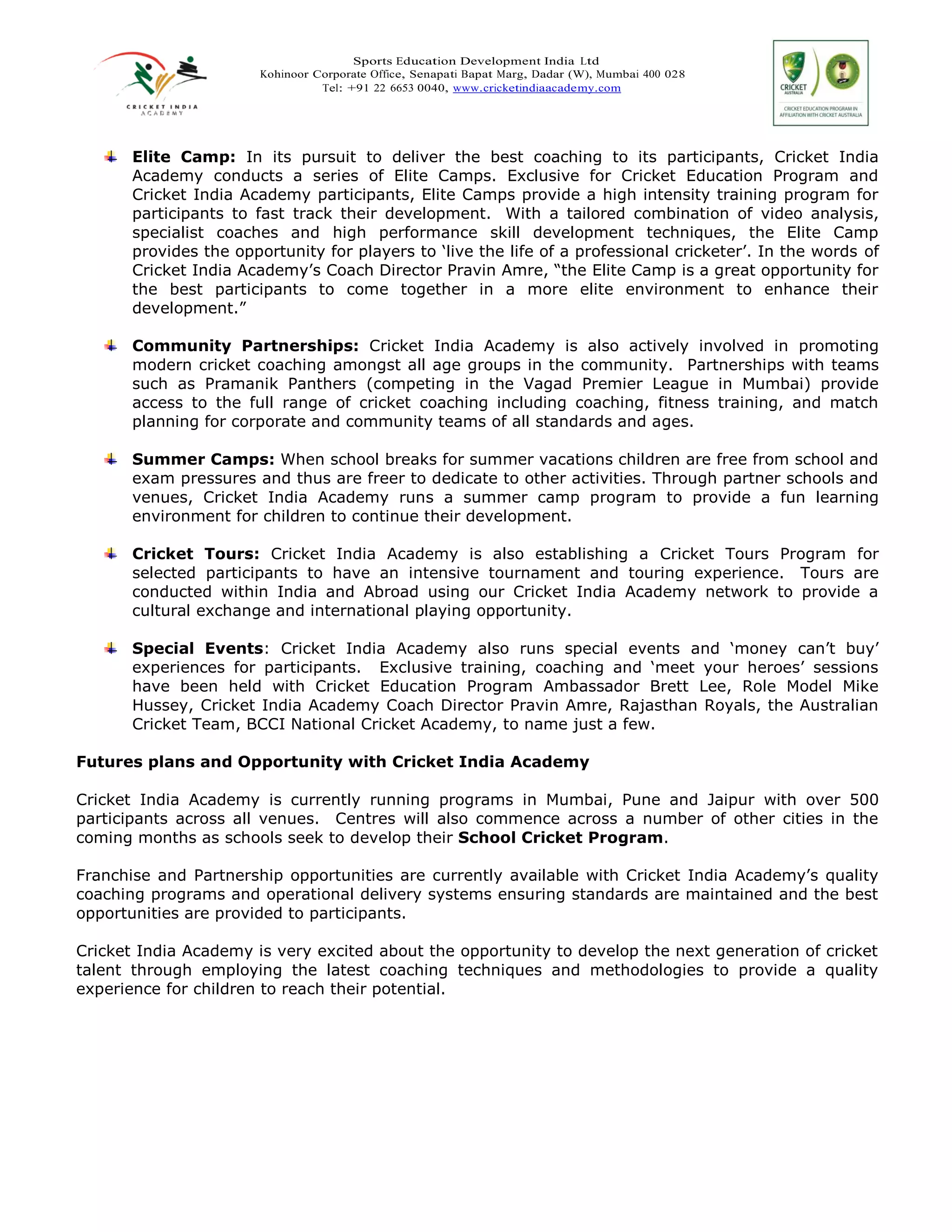 Cricket India Academy | PDF