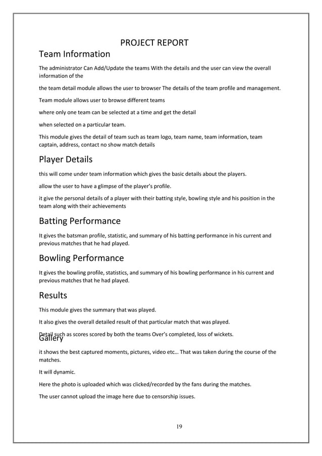 Cricket management system ptoject report.pdf | Computer Software and Applications | Computing