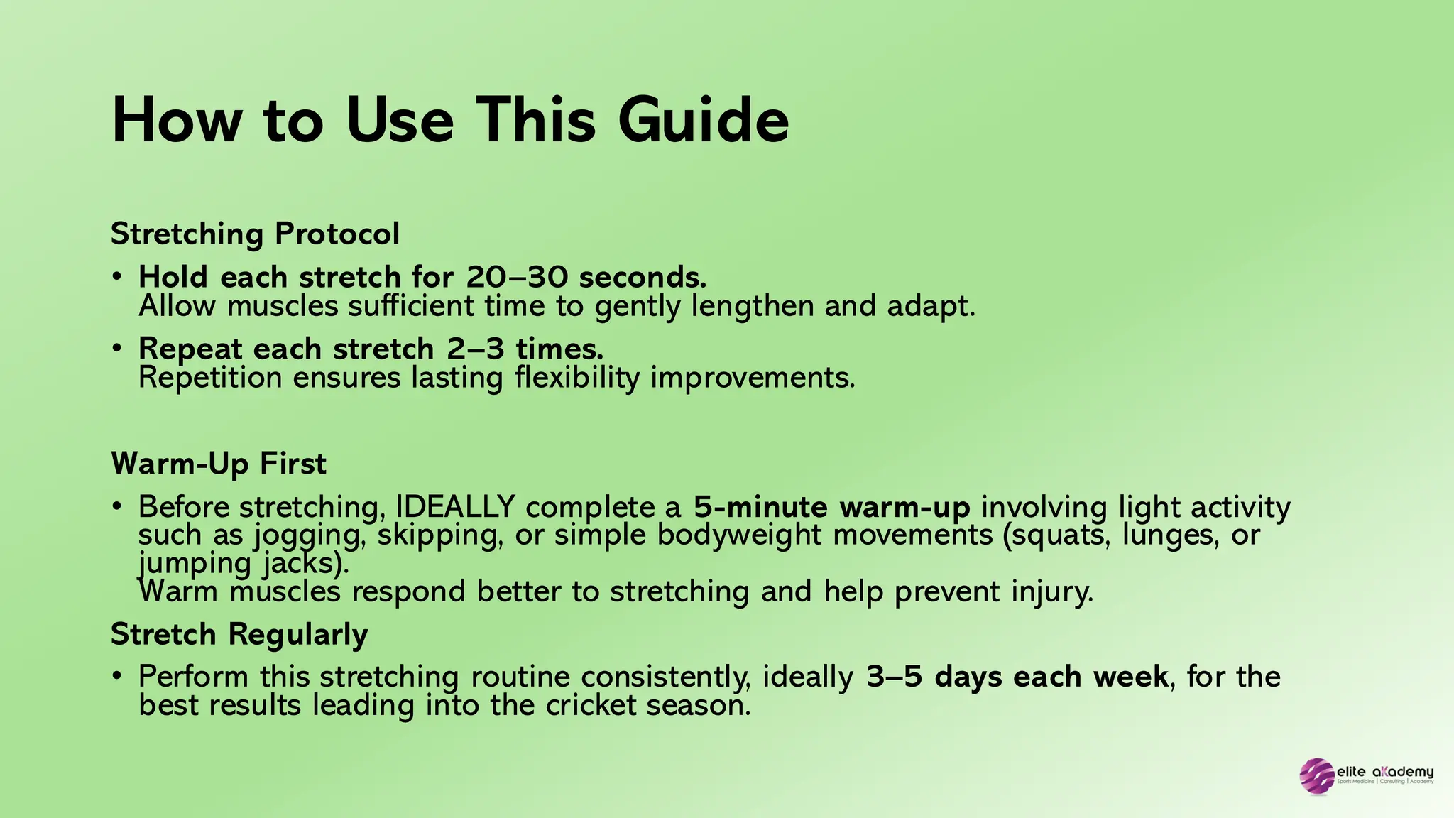 Pre-Season Stretching Guide for Club Cricketers | PDF