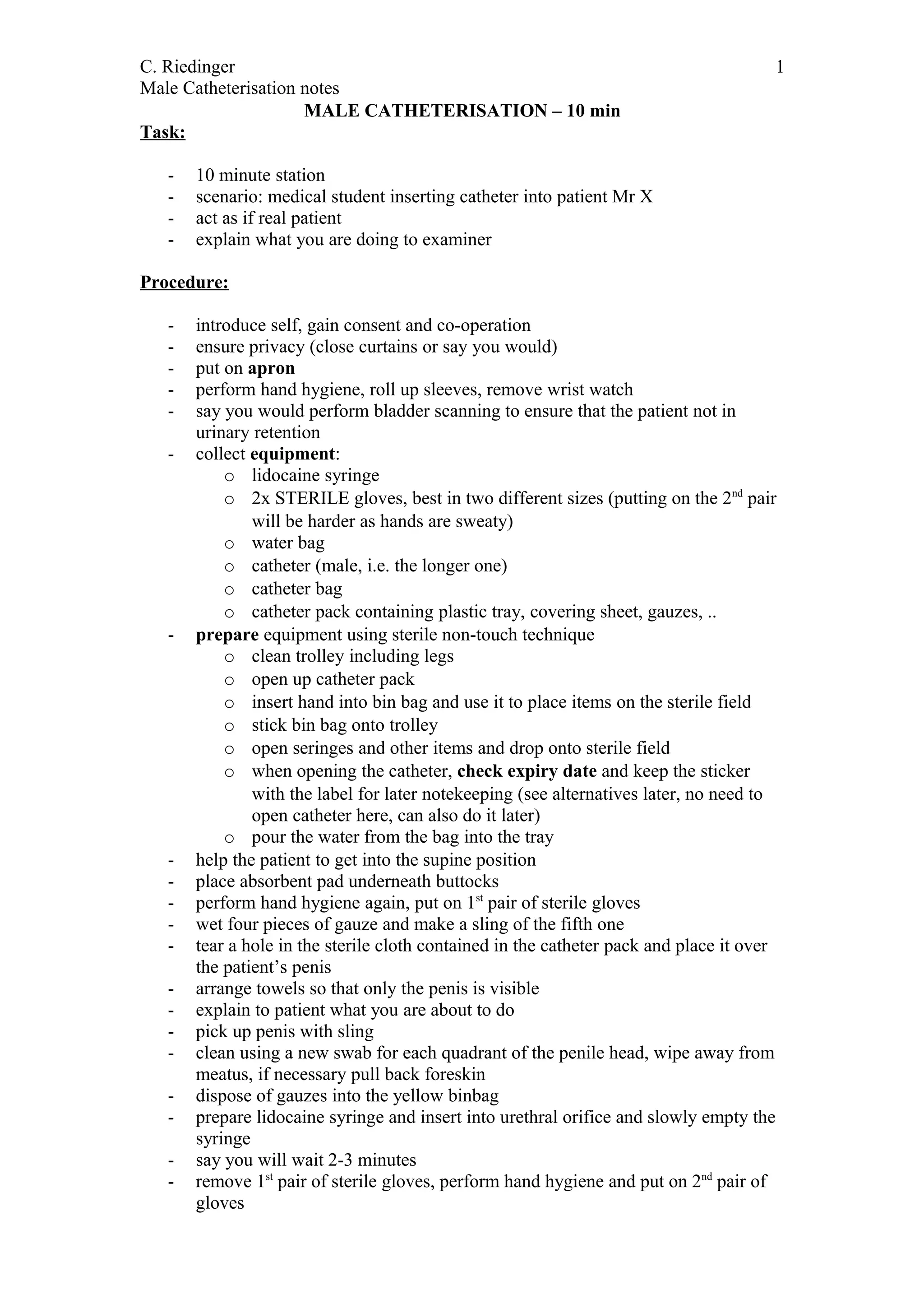 OSCE catheterisation protocol | DOC