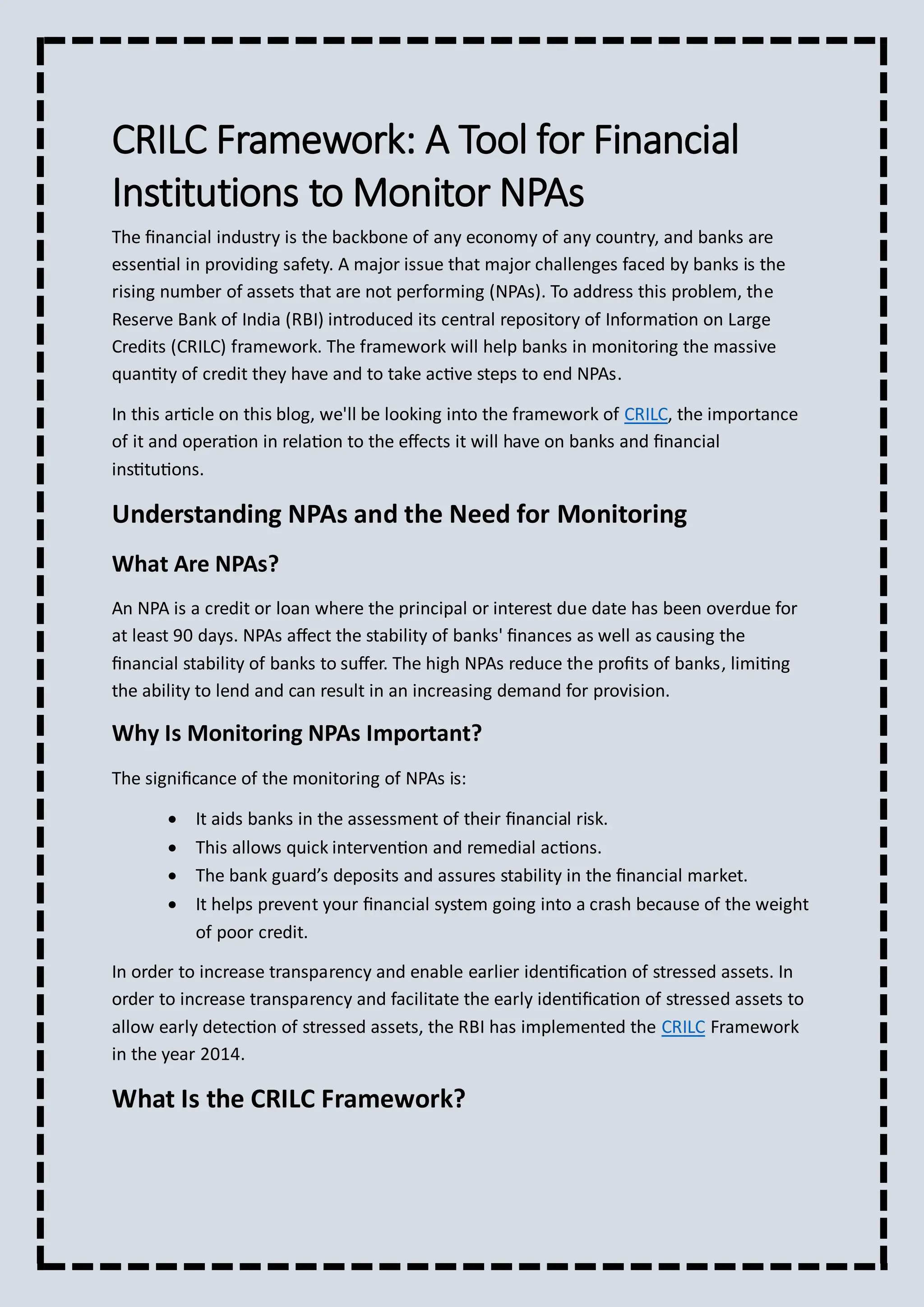 CRILC Framework: A Tool for Financial Institutions to Monitor NPAs | PDF