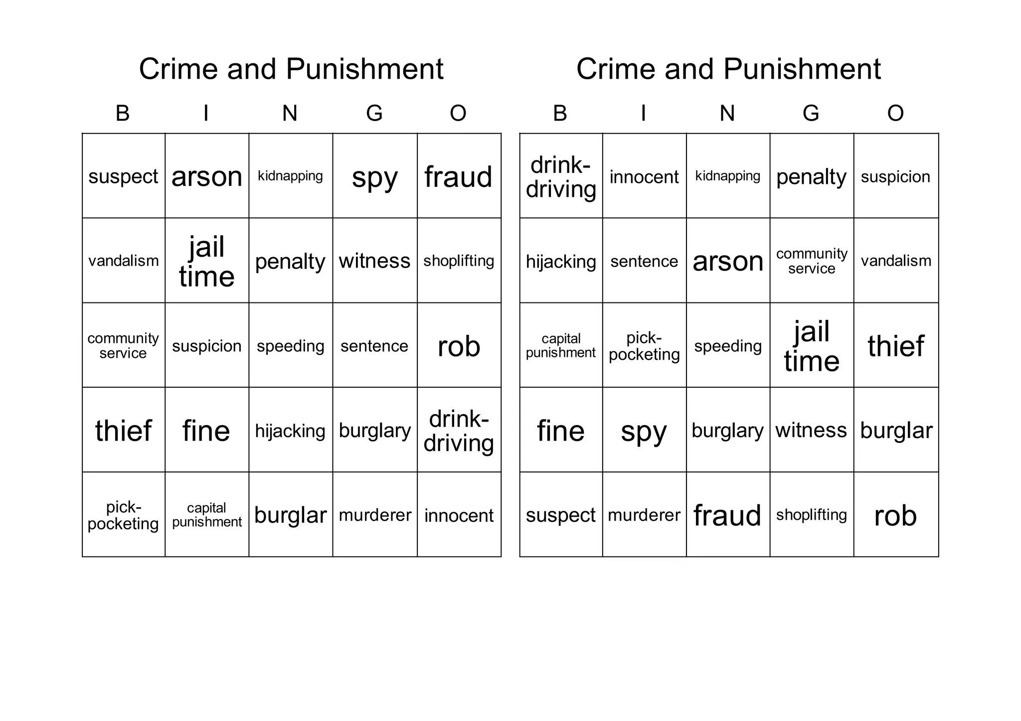EFL Vocabulary game - Vocabulary Bingo - Crime and Punishment | PDF