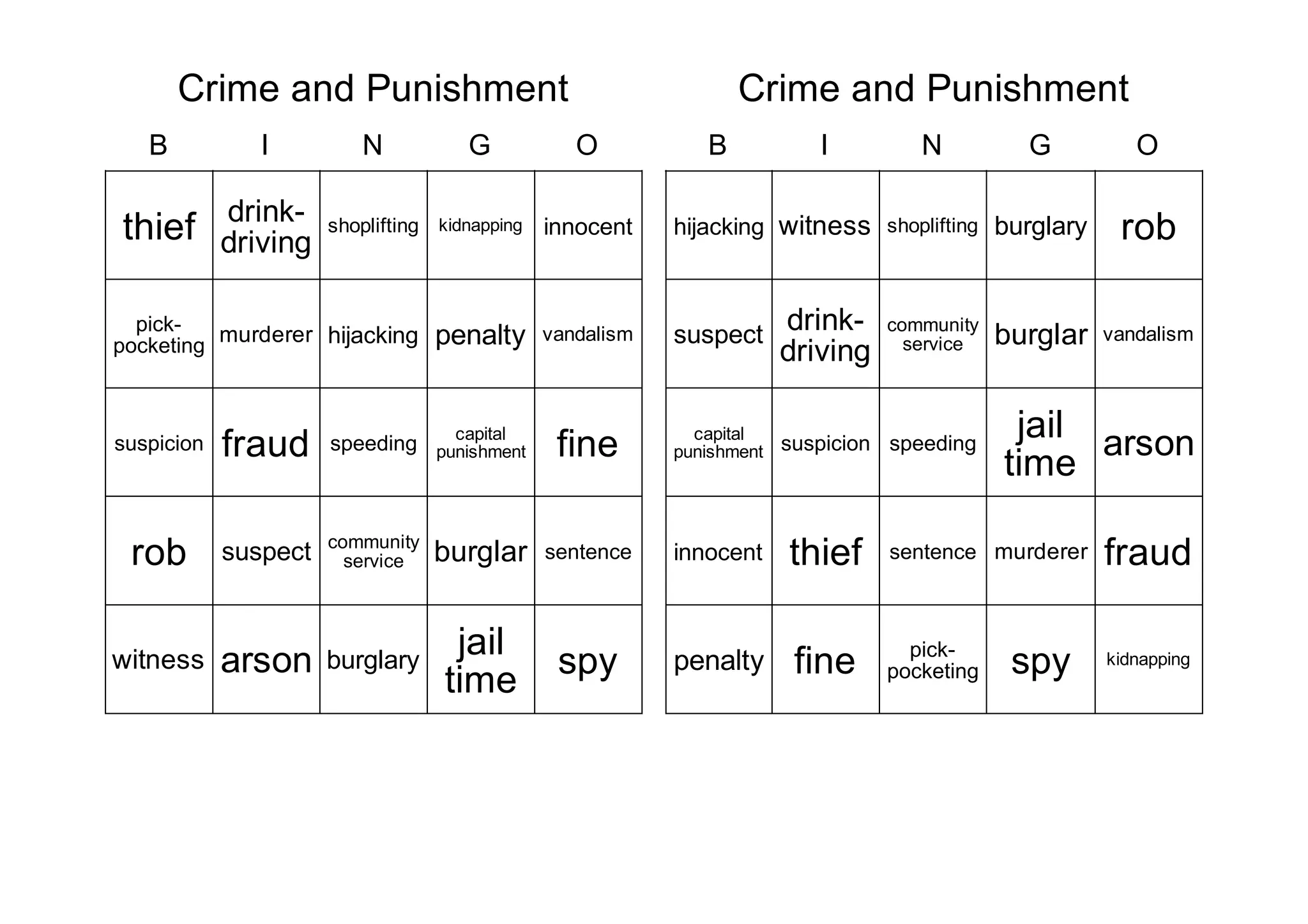 EFL Vocabulary game - Vocabulary Bingo - Crime and Punishment | PDF