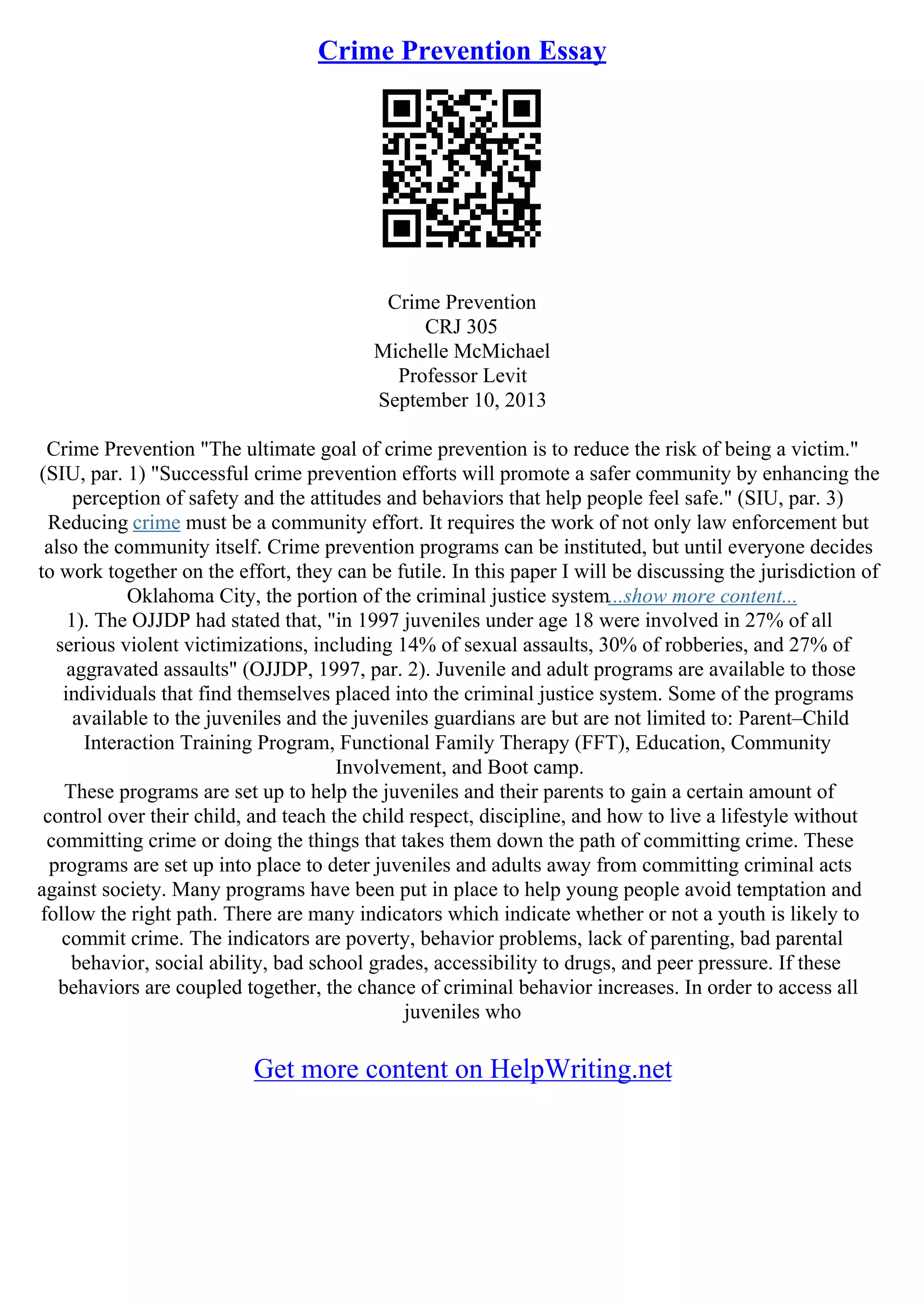 Crime Prevention Essay | PDF | Crime & Harmful Acts to Individuals, Society & Human Right ...