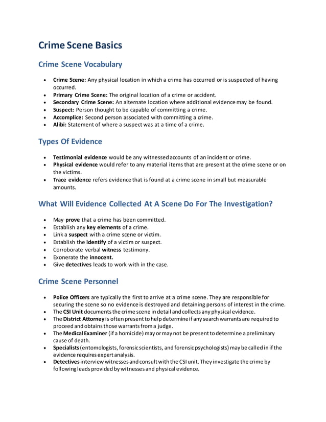 Crime scene Basics Sheet | DOCX | Crime & Harmful Acts to Individuals ...