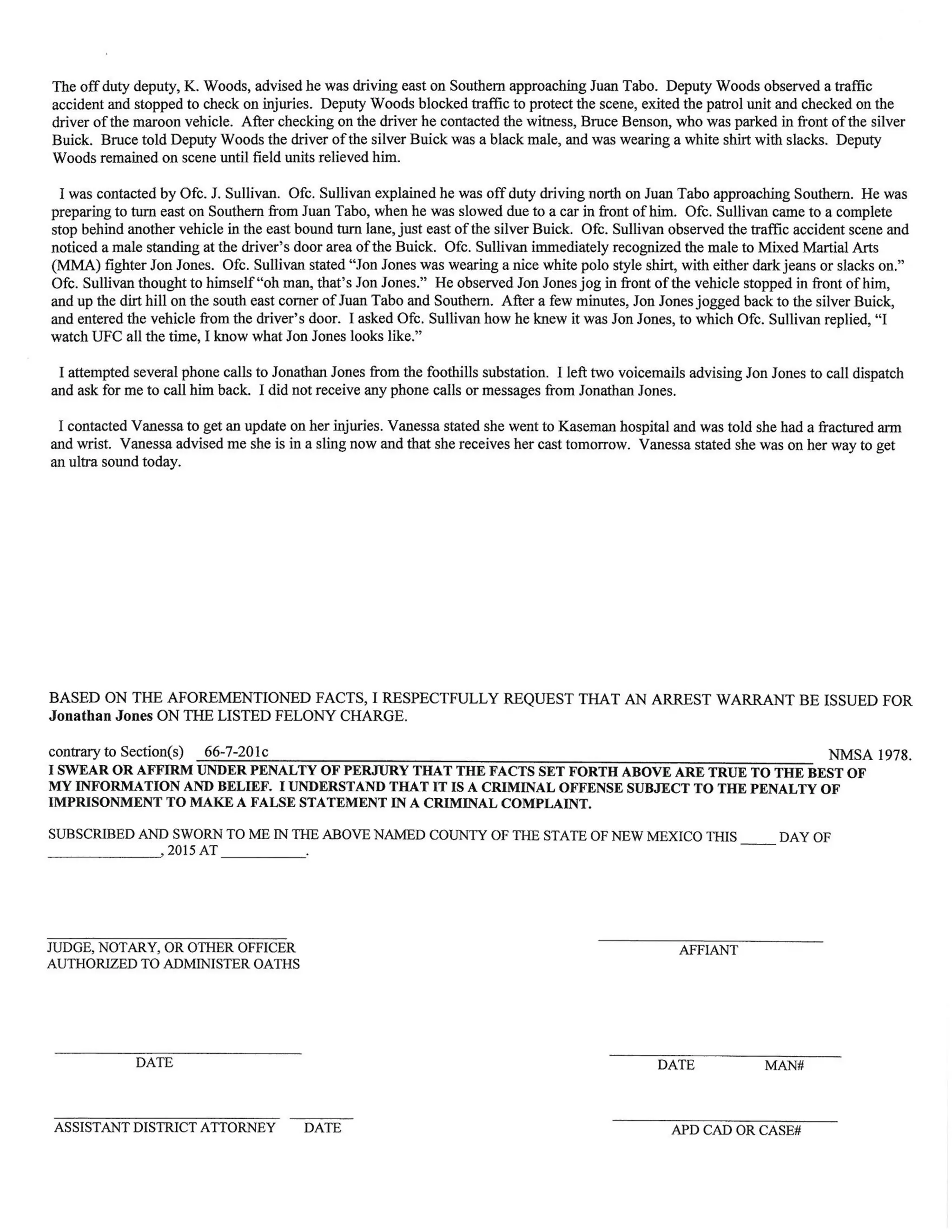 Jon Jones Criminal Complaint Arrest Warrant Affidavit | PDF