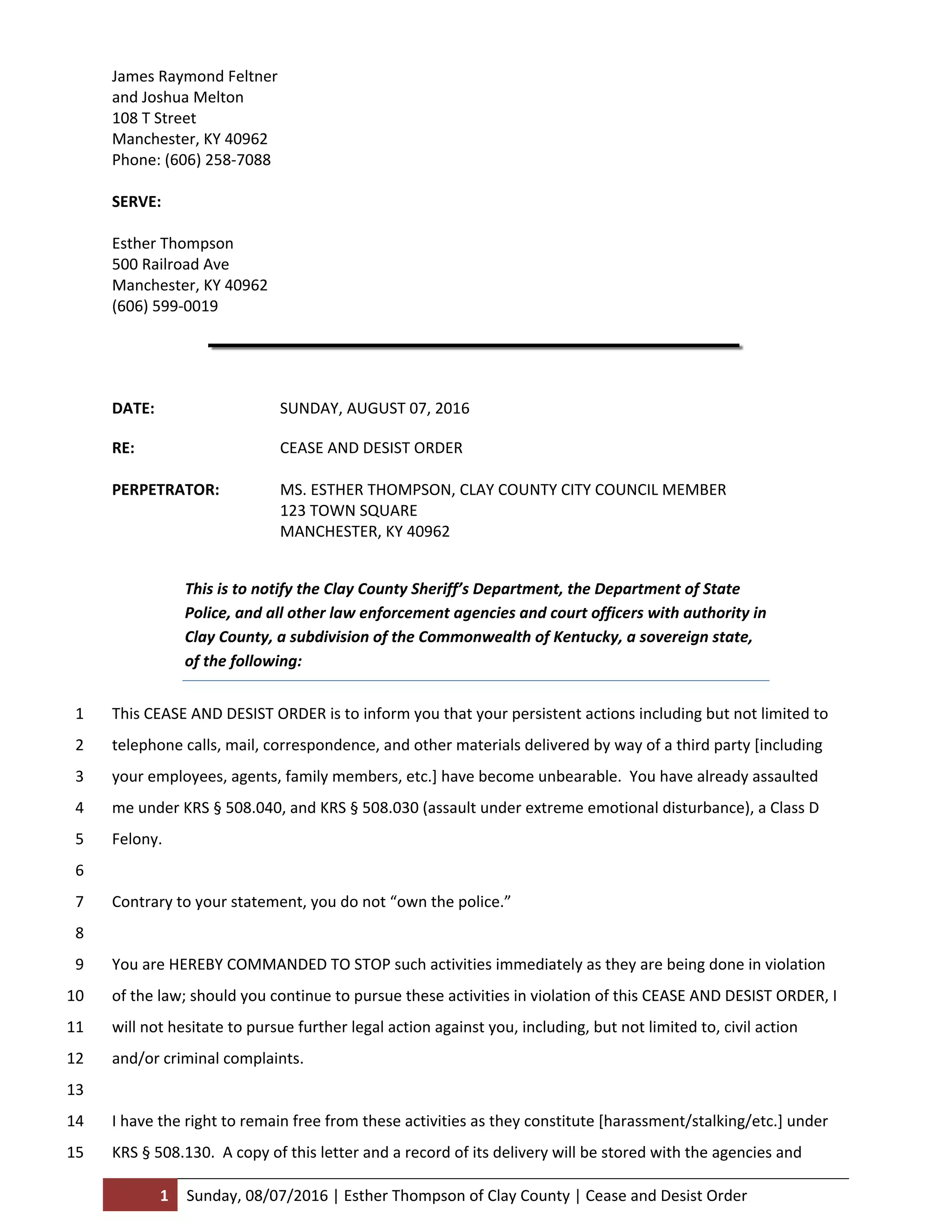 Manchester Cease and Dissest Order against Esther Thompson | PDF