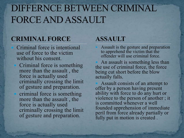 Criminal force and assault | PPT | Crime & Harmful Acts to Individuals ...