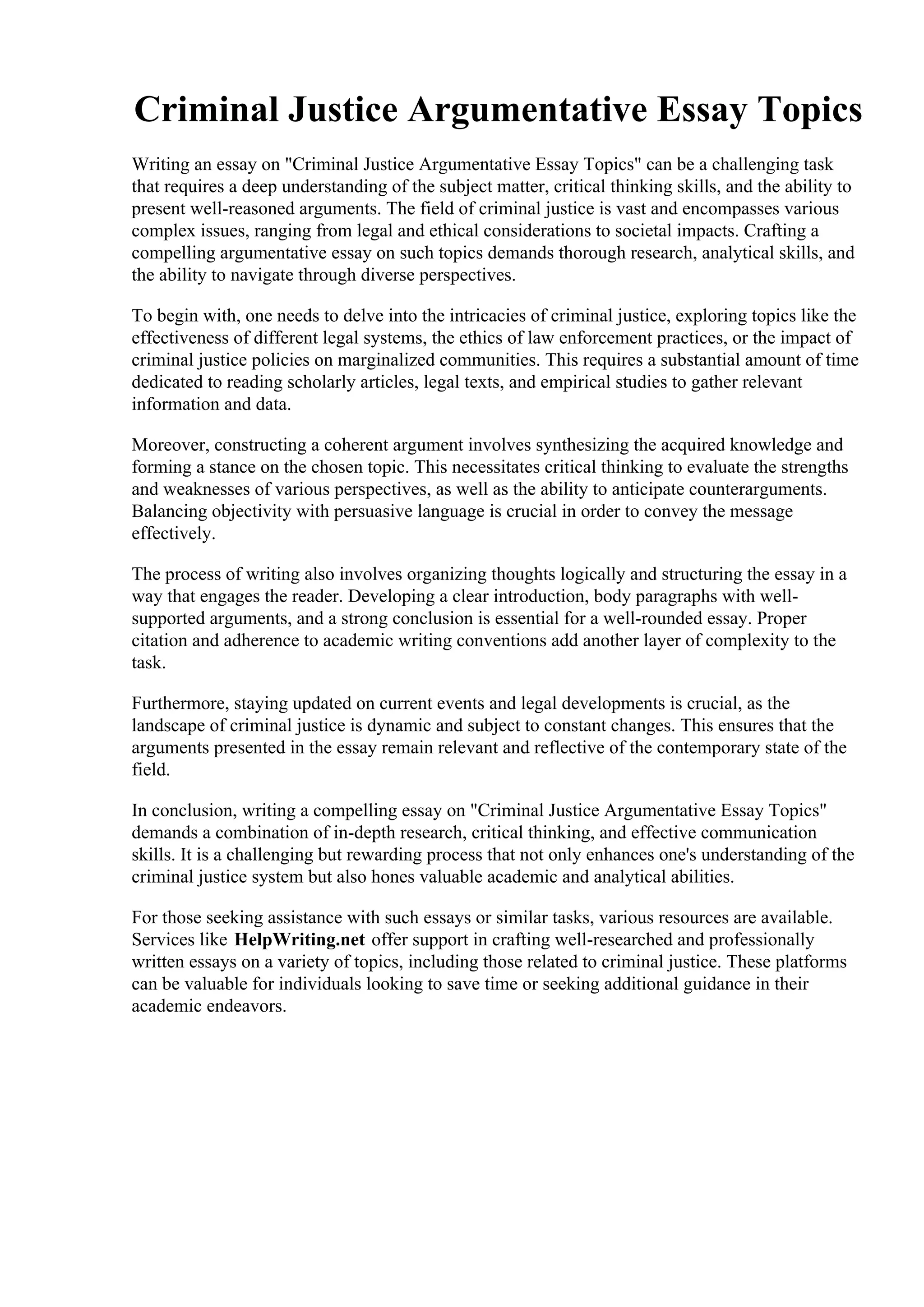 Criminal Justice Argumentative Essay Topics | PDF