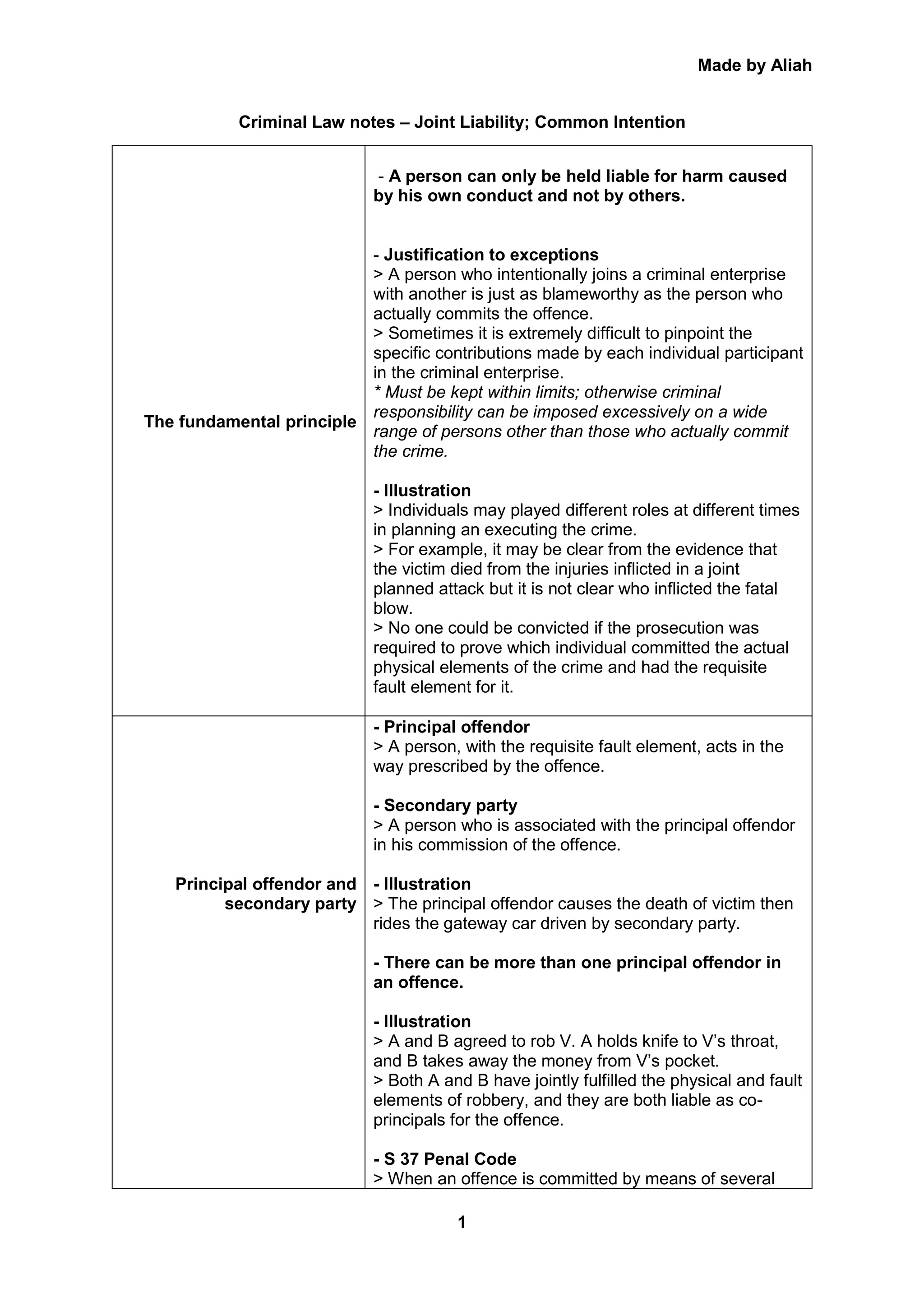 Criminal law notes - Joint liability; common intention | PDF