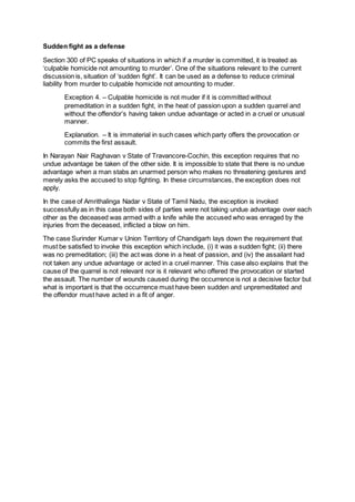 Criminal law notes - Sudden fight as a defense | DOCX
