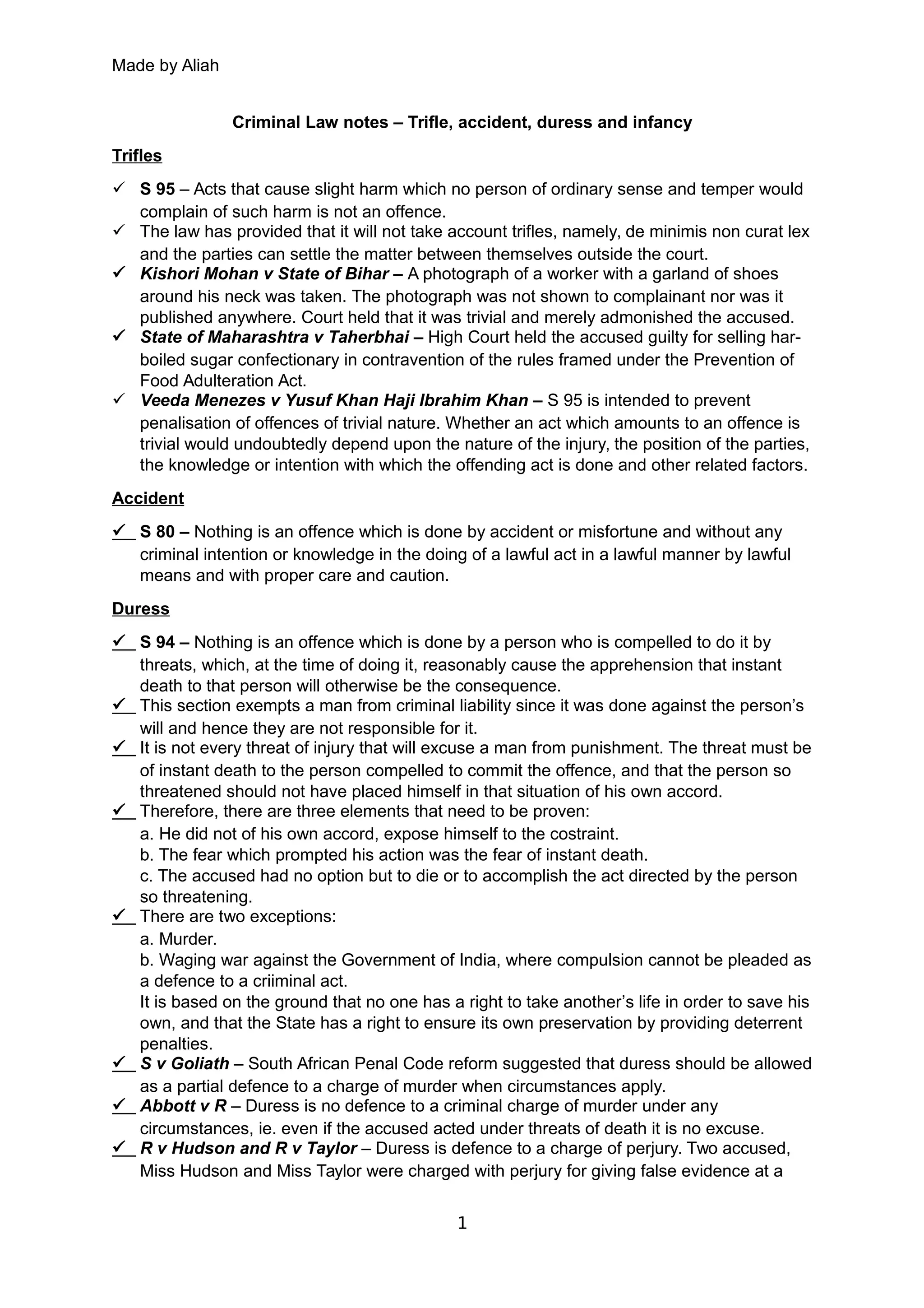 Criminal law notes - Trifles, accident and duress | PDF