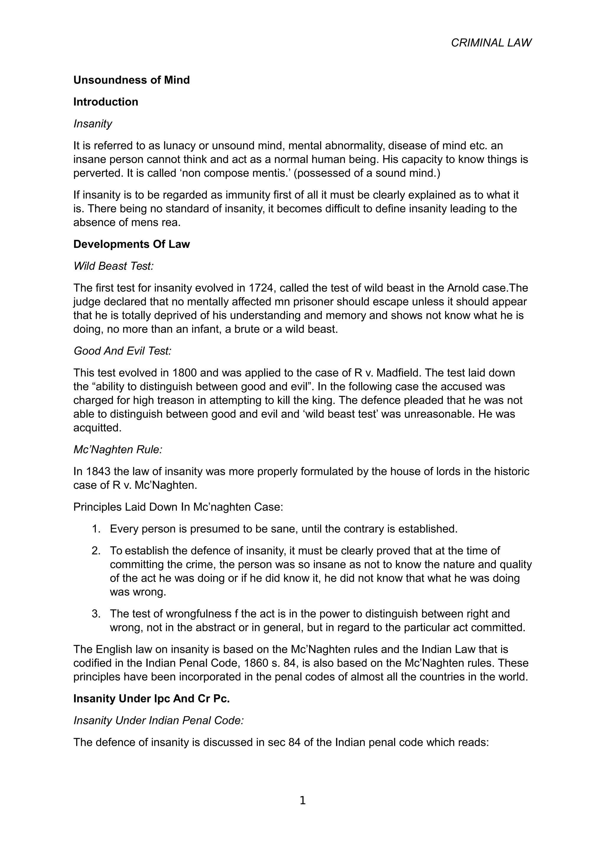 Criminal law notes - Unsoundness of mind (law teacher) | PDF