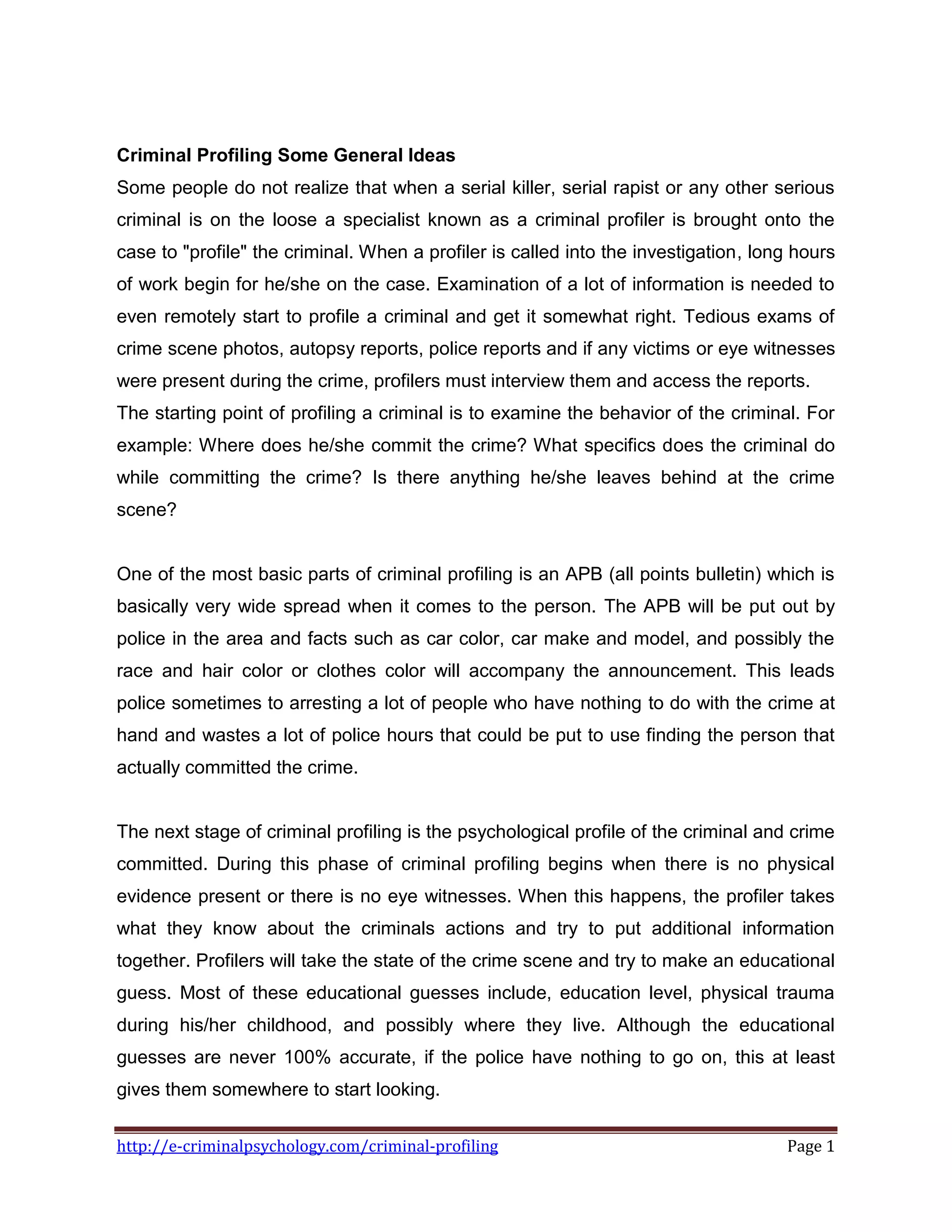 Some General Ideas About Criminal Profiling | PDF