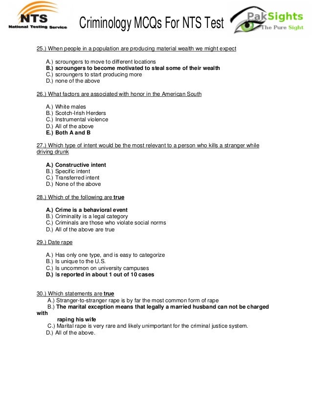 Criminology MCQs for NTS test solved past papers sample Criminology MCQs for NTS test solved past papers sample