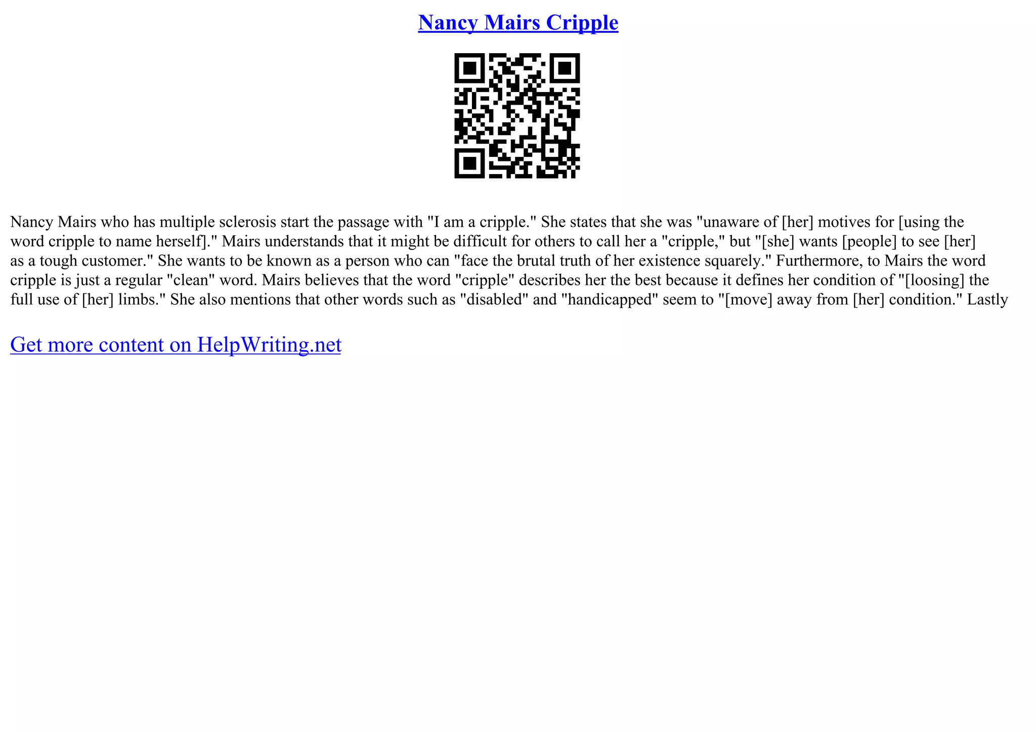 Crippled By Nancy Mairs Essays | PDF
