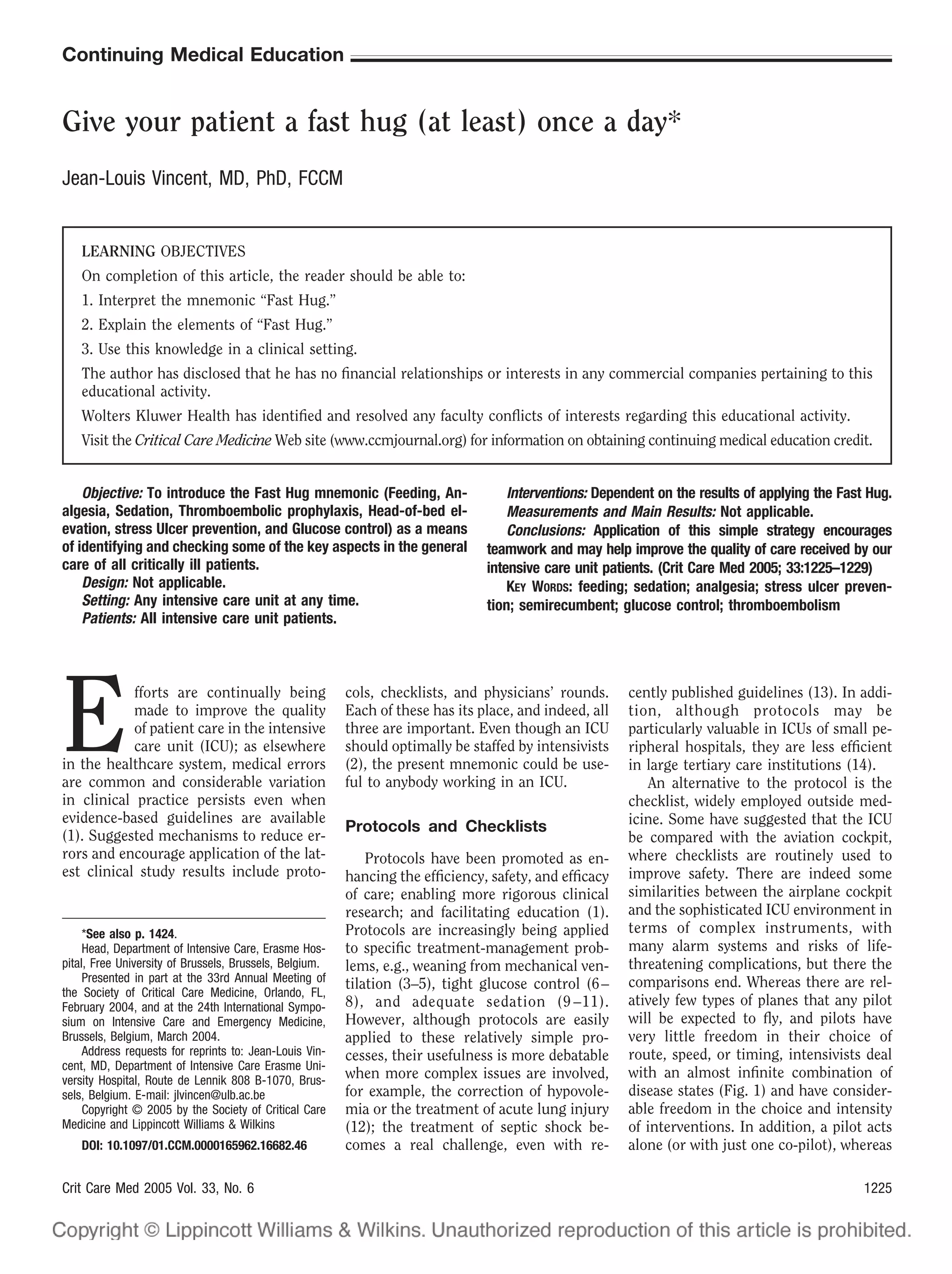 Crit care med give your patient a fast hug (at least) once a day | PDF