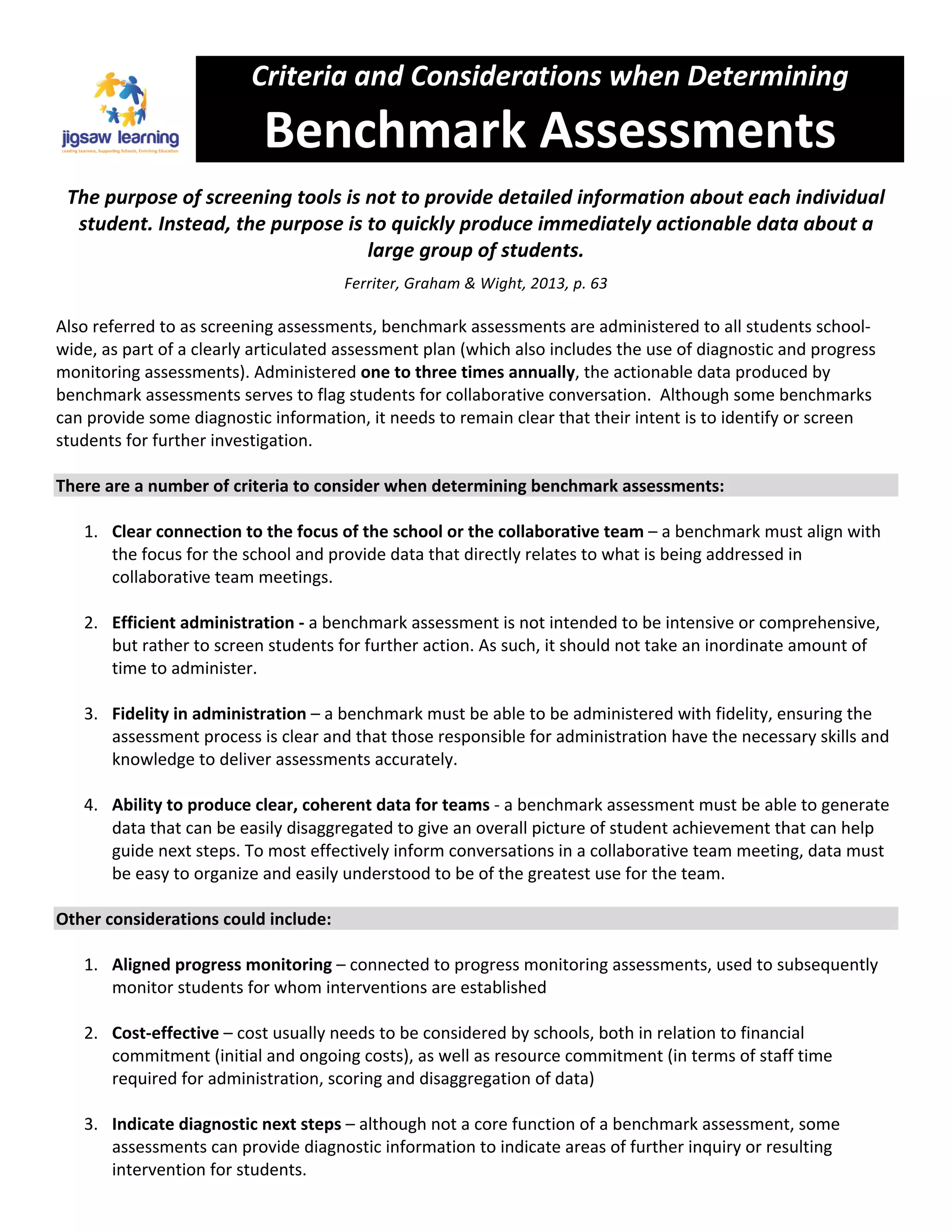 Criteria and considerations with determining a benchmark assessment | PDF