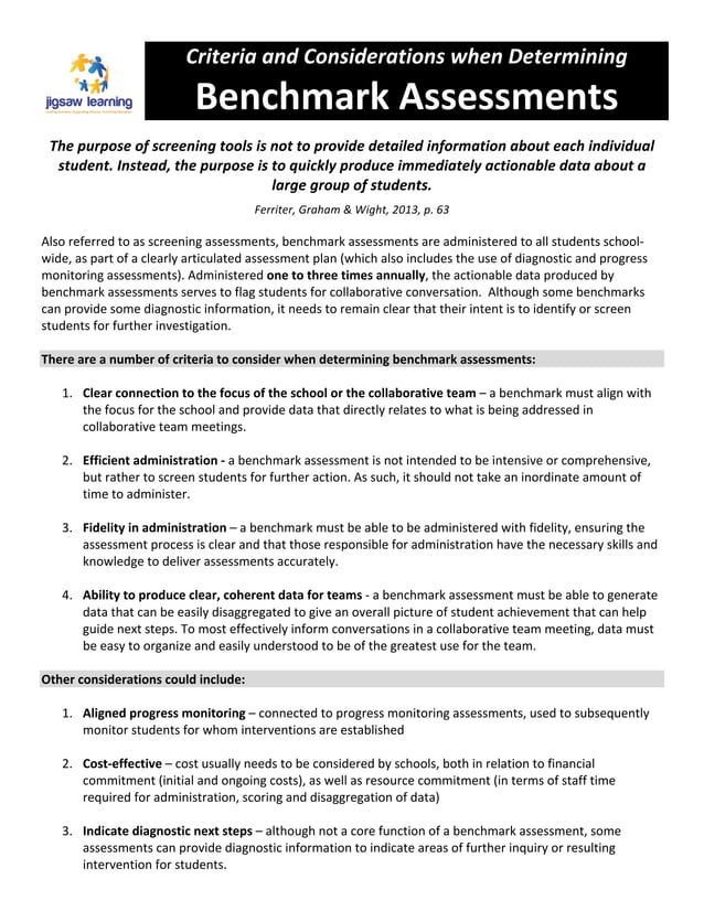 Criteria and considerations with determining a benchmark assessment | PDF
