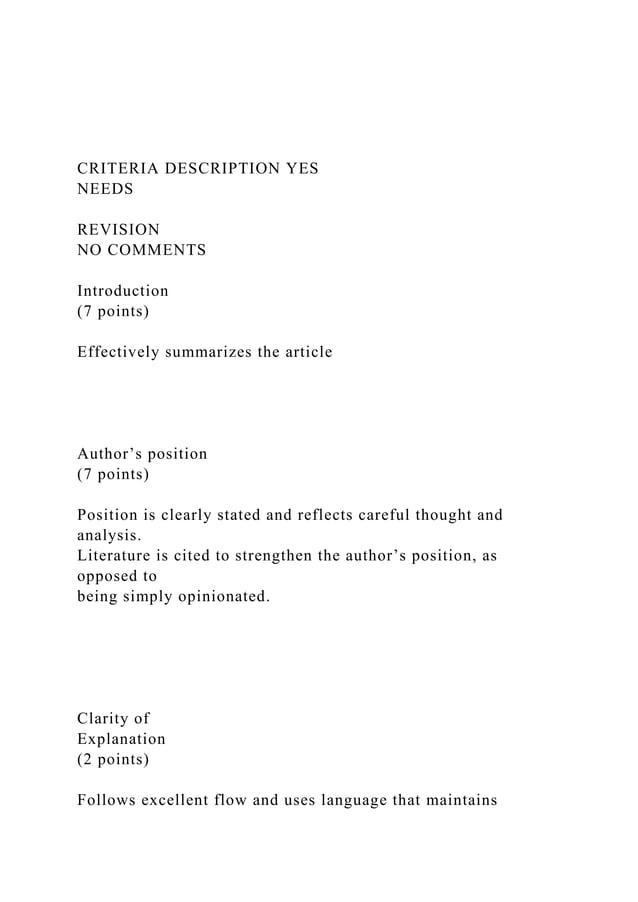 CRITERIA DESCRIPTION YES NEEDS REVISION NO COMMENTS .docx