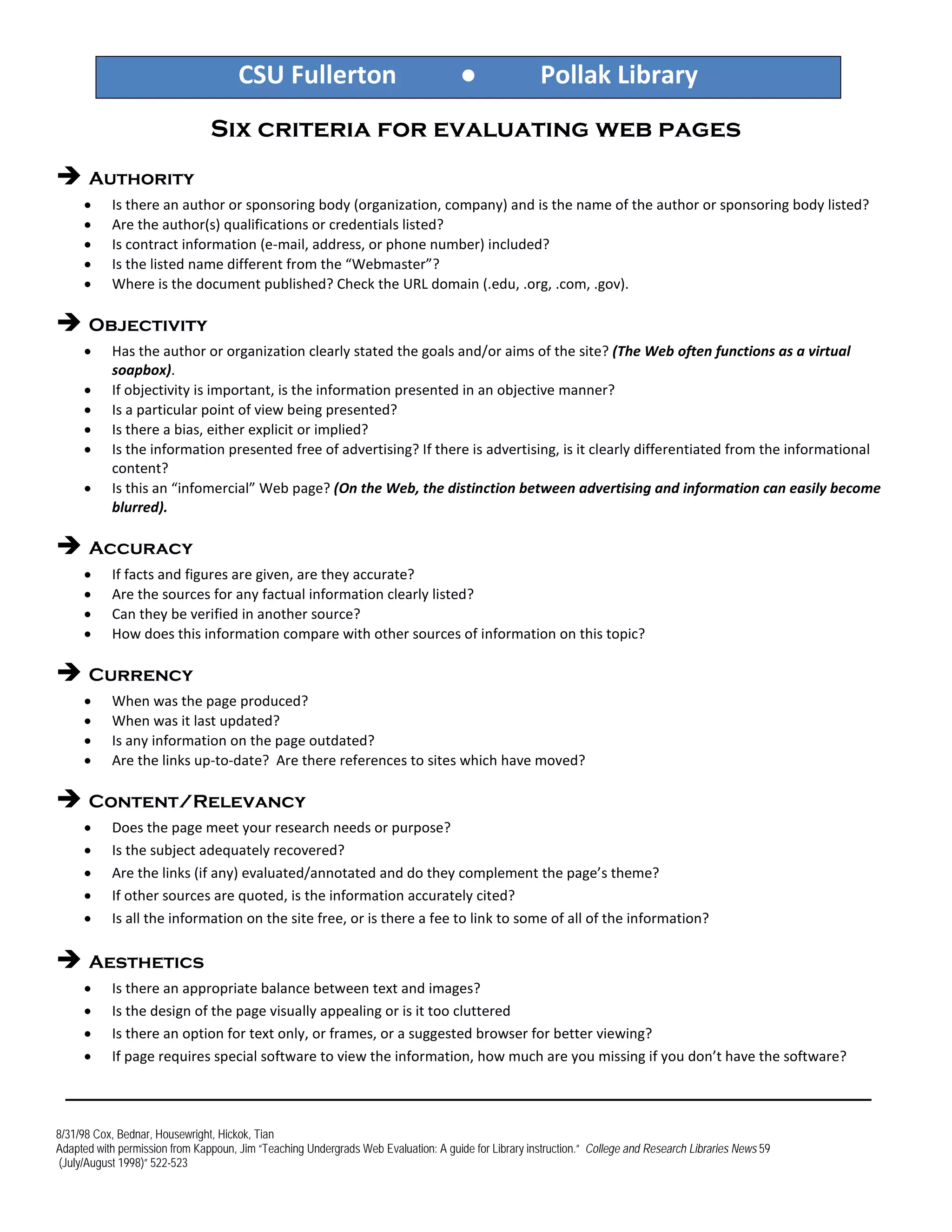 Criteria for evaluating web pages | PDF