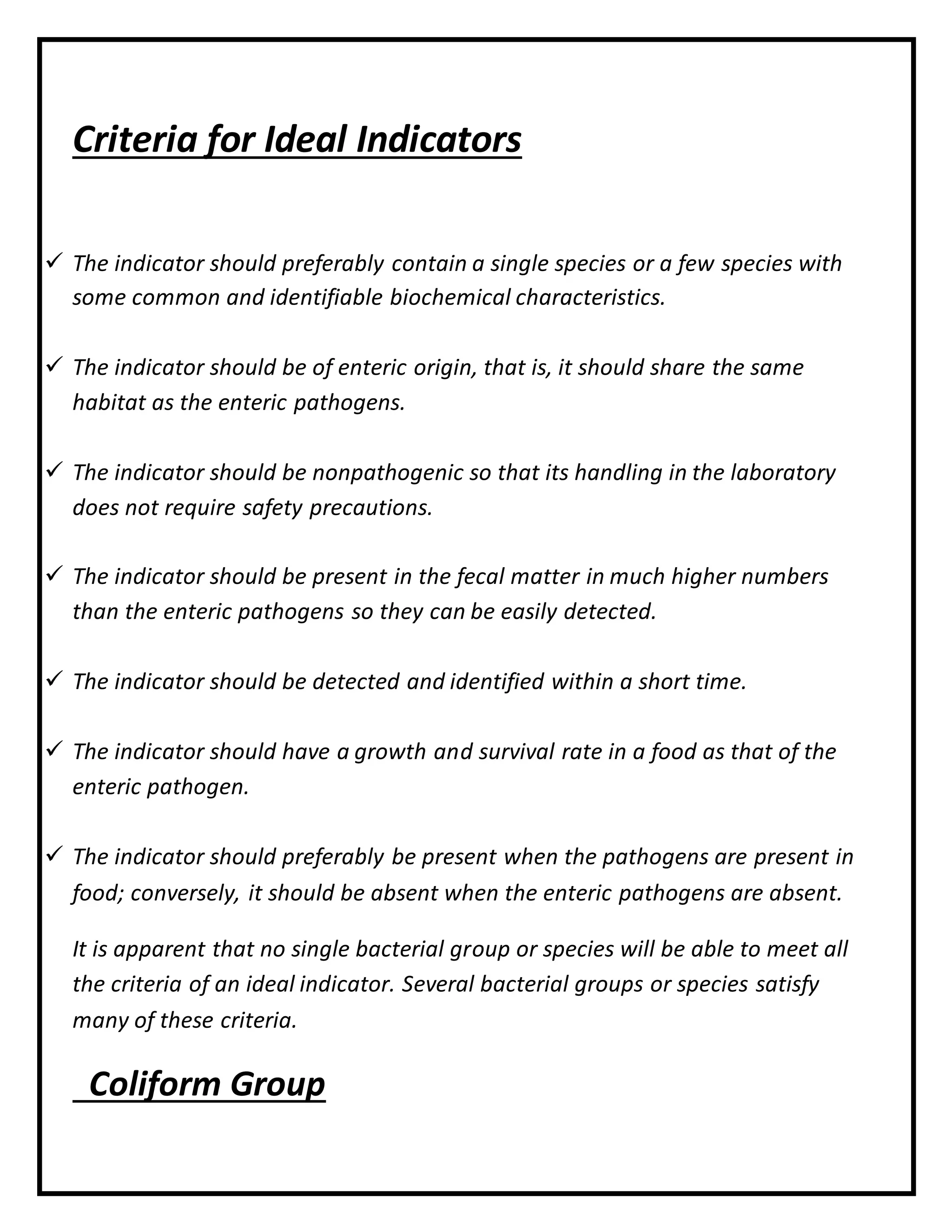 Criteria for ideal indicators for pathogenic microorganisms in food | DOCX