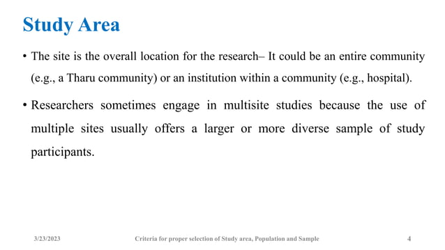 Criteria for proper selection of Study area, Population and Sample.pptx