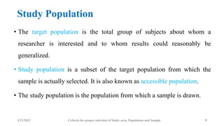 Criteria for proper selection of Study area, Population and Sample.pptx
