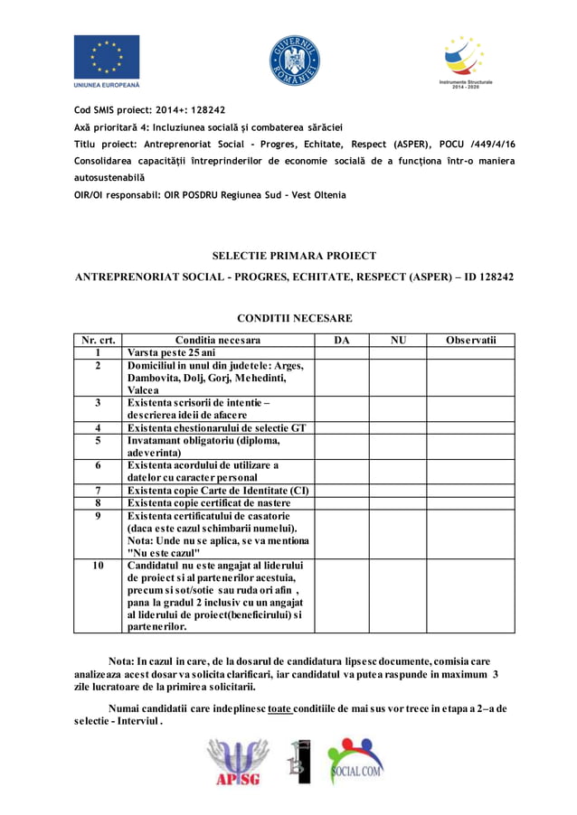 Criterii eligibilitate selectie primara ASPER | DOCX