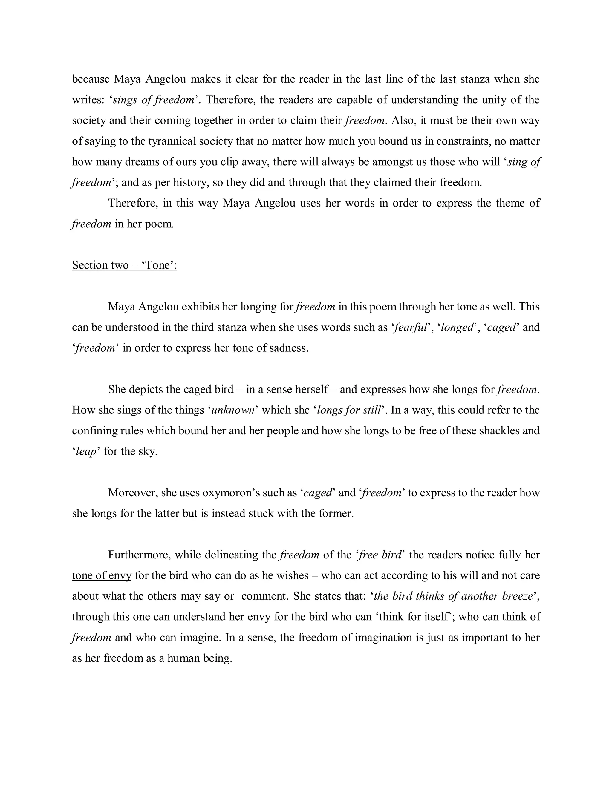 Critial analysis of the poem 'caged bird' by maya angelou through the ...