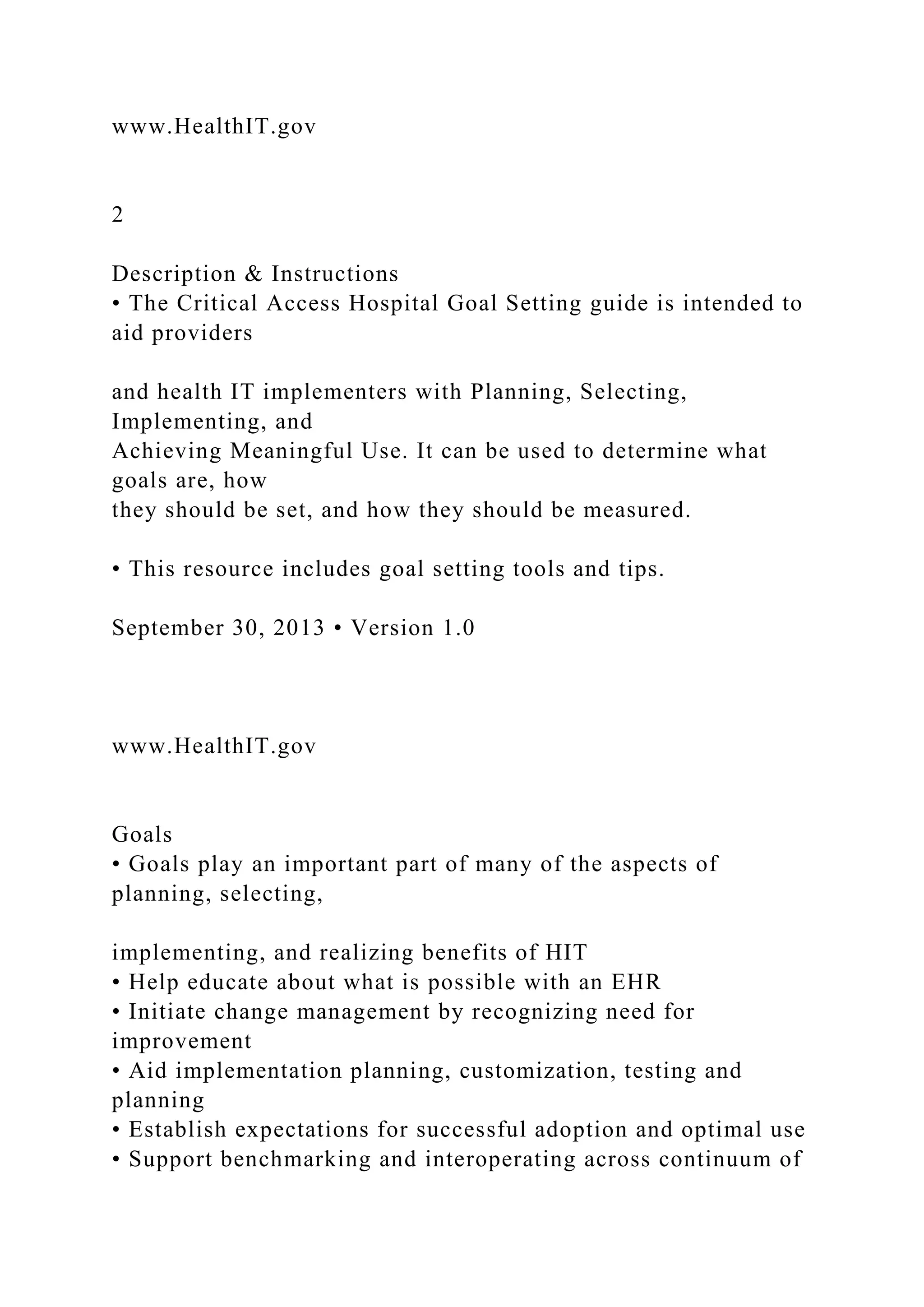 Critical Access Hospital Goal Setting Provided By The Nat.docx