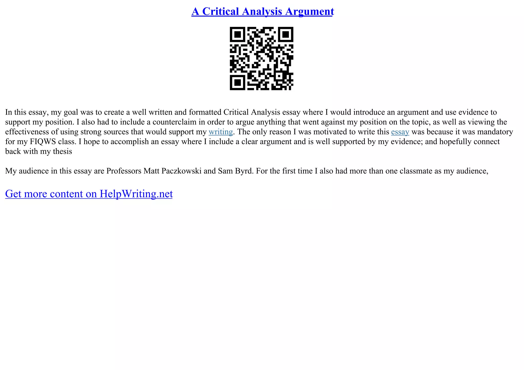 Critical Analysis Essay Example | PDF | Homework and Study | Education