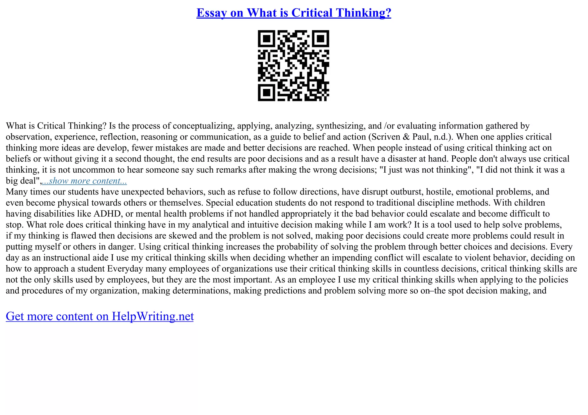 Critical Analysis Essay Example | PDF | Homework and Study | Education