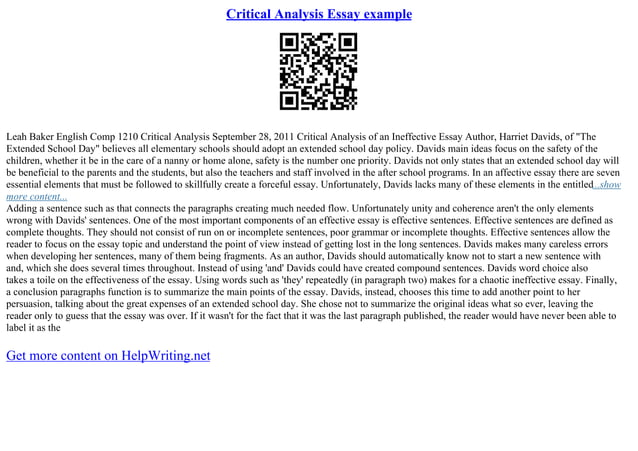 Critical Analysis Essay Example | PDF | Homework and Study | Education