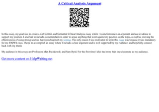 Critical Analysis Essay Example | PDF | Homework and Study | Education