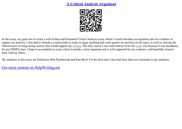 Critical Analysis Essay Example | PDF | Homework and Study | Education