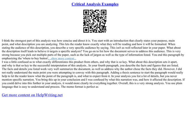 Critical Analysis Essay Example | PDF | Homework and Study | Education