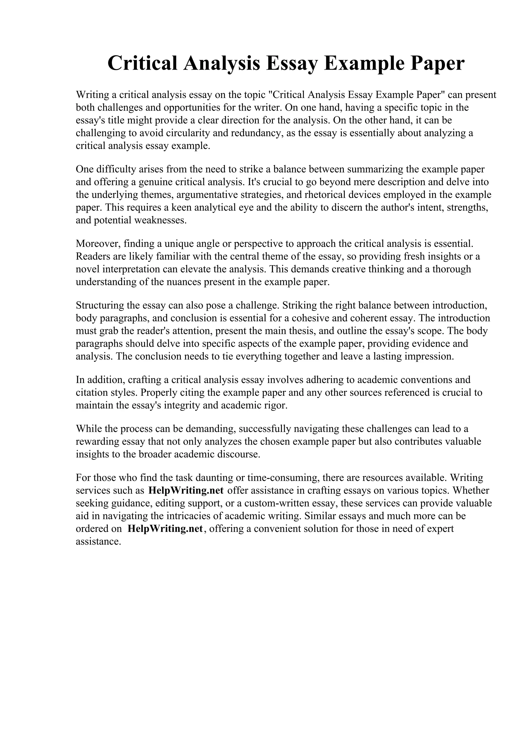 Critical Analysis Essay Example Paper. Reflection essay: Critical ...