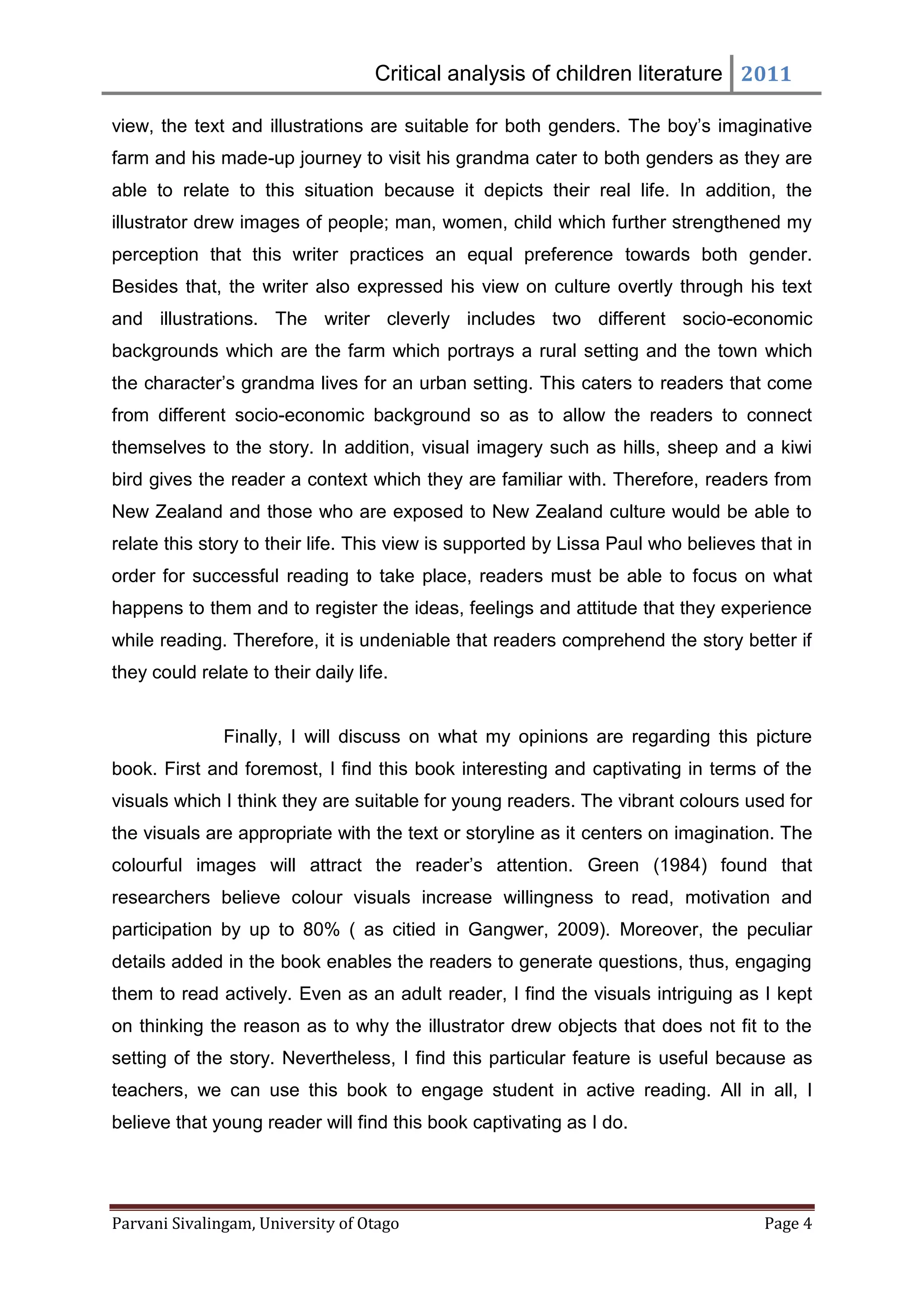 Critical analysis of children literature. | DOCX